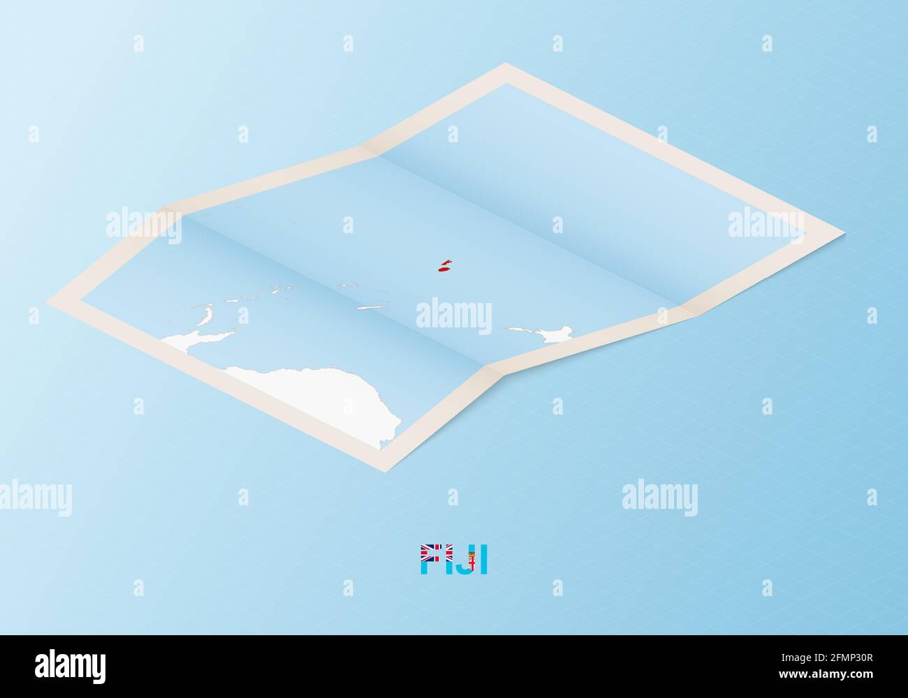 Folded paper map of Fiji with neighboring countries in isometric style ...