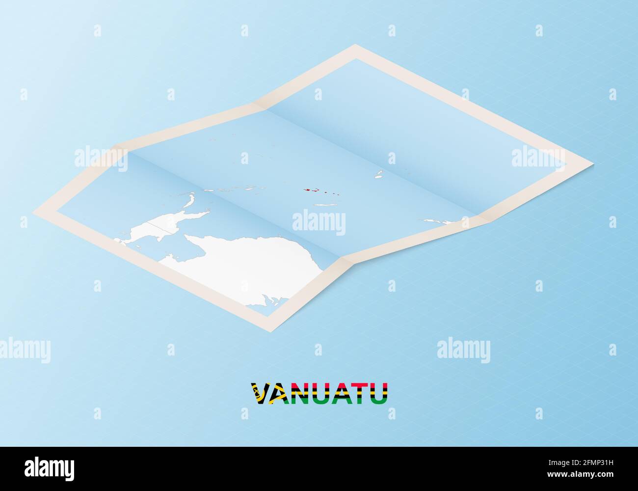 Folded paper map of Vanuatu with neighboring countries in isometric style on blue vector ...