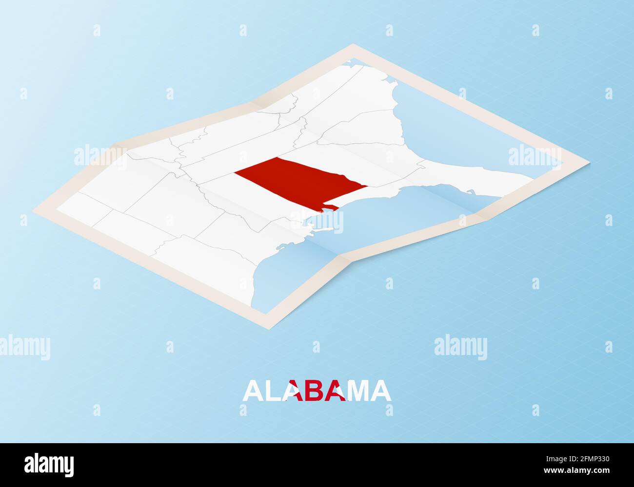 Folded paper map of Alabama with neighboring countries in isometric ...