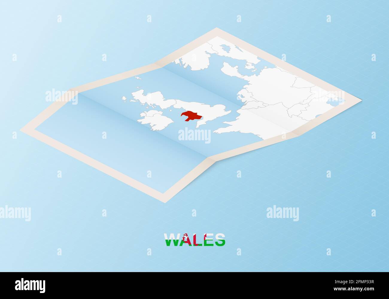 Folded paper map of Wales with neighboring countries in isometric style on blue vector ...