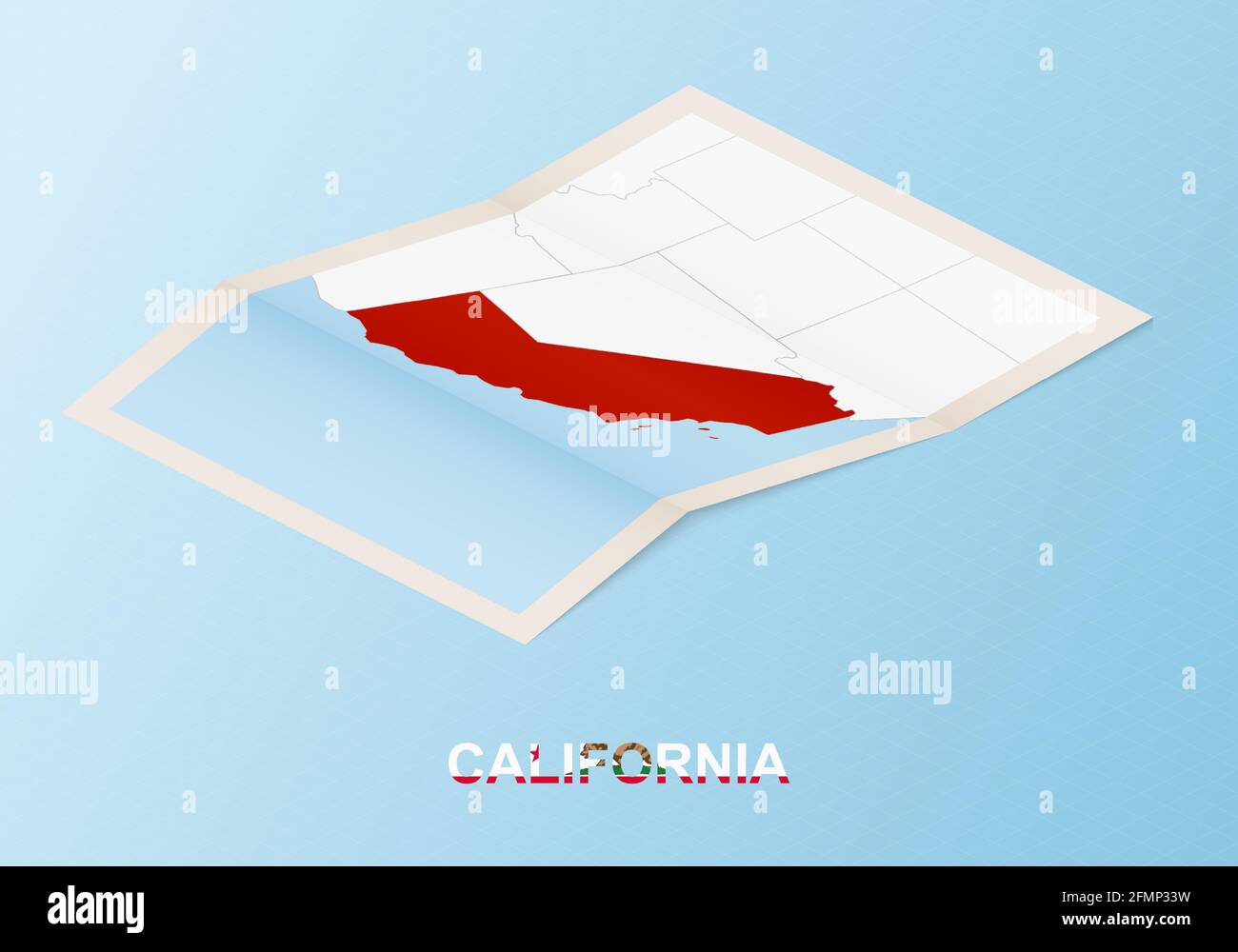 Folded paper map of California with neighboring countries in isometric ...