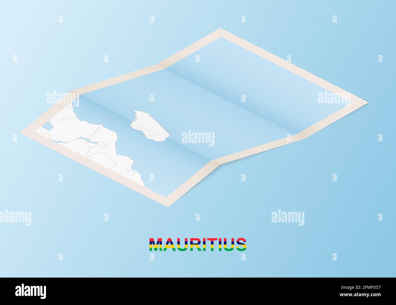 Folded paper map of Mauritius with neighboring countries in isometric style on blue vector ...