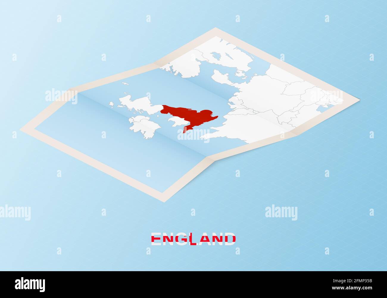 Folded paper map of England with neighboring countries in isometric ...
