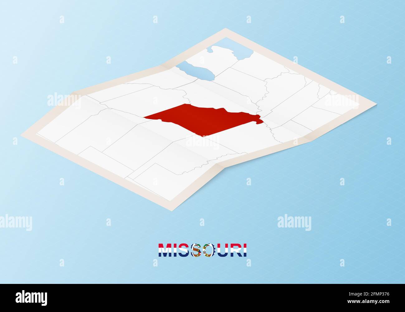 Folded paper map of Missouri with neighboring countries in isometric ...