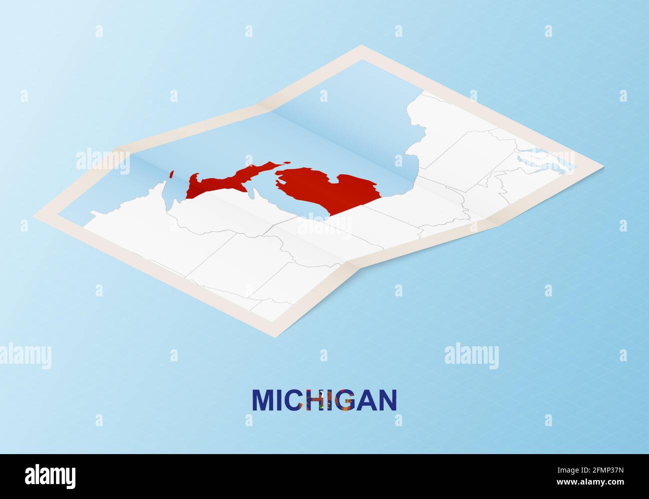Folded paper map of Michigan with neighboring countries in isometric ...