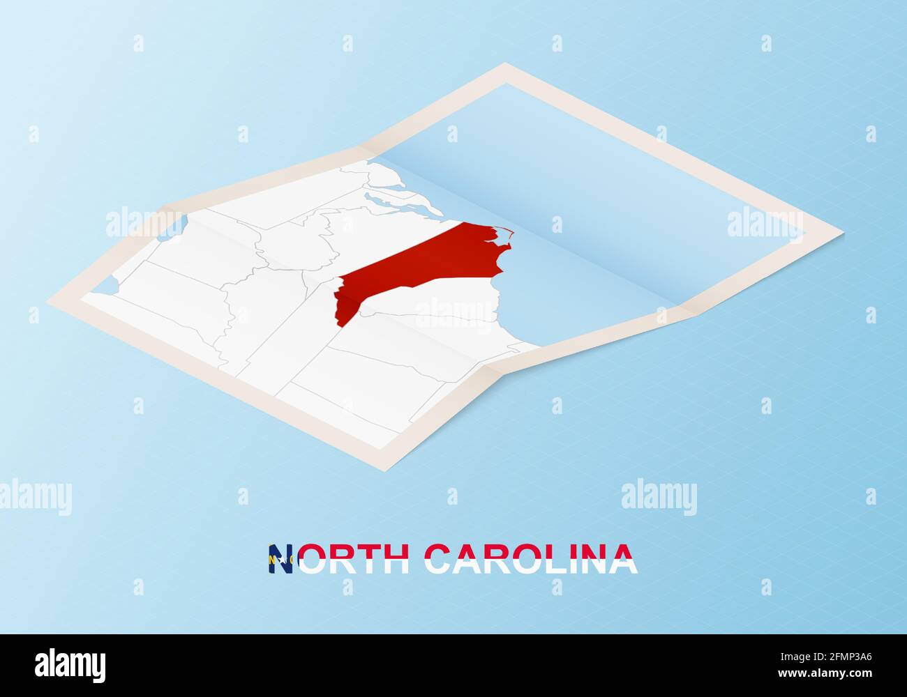 Folded paper map of North Carolina with neighboring countries in ...