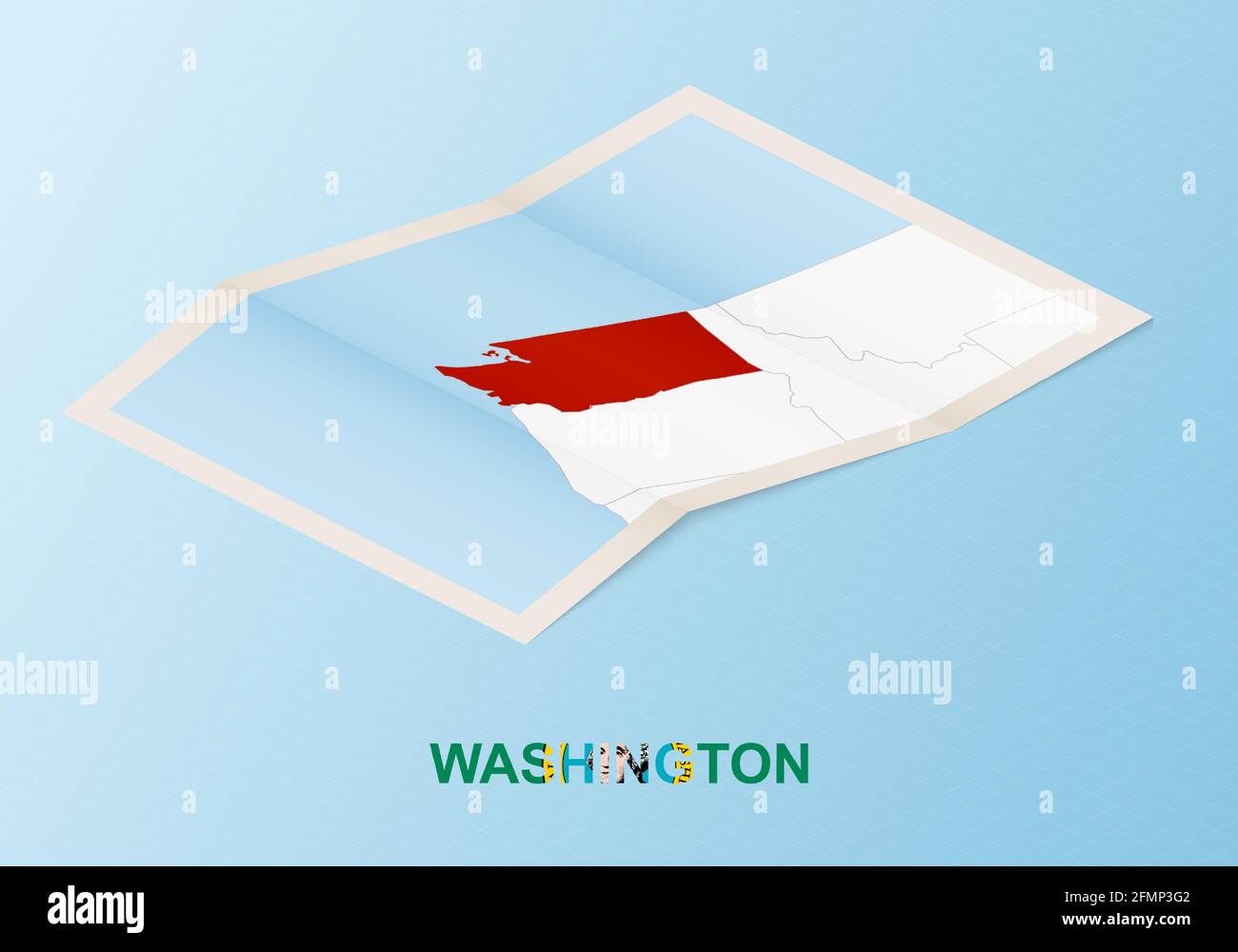 Folded paper map of Washington with neighboring countries in isometric ...