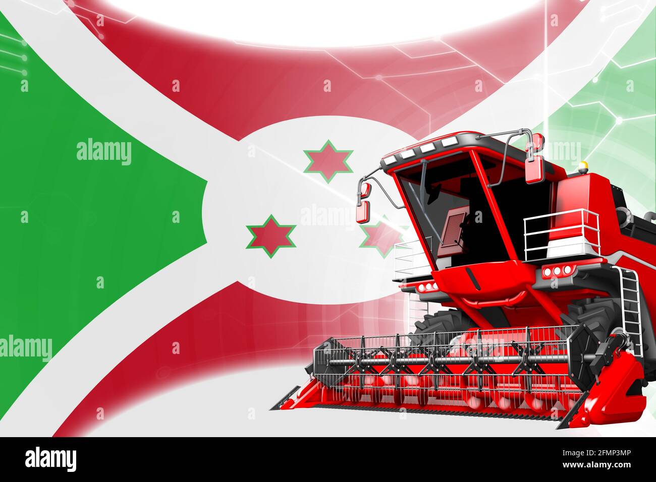 Digital industrial 3D illustration of red advanced rural combine ...