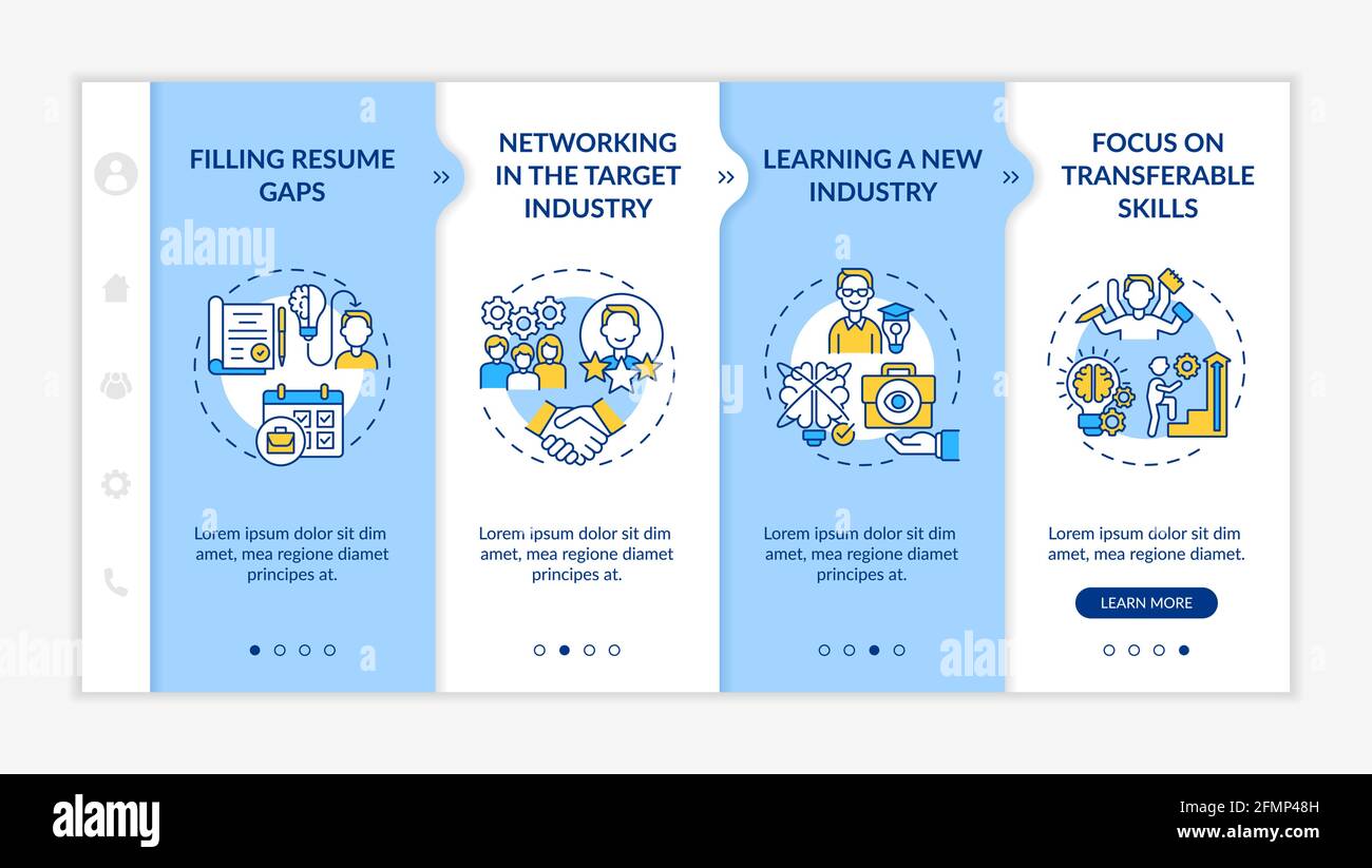 Transition job pros onboarding mobile app page screen with concepts ...