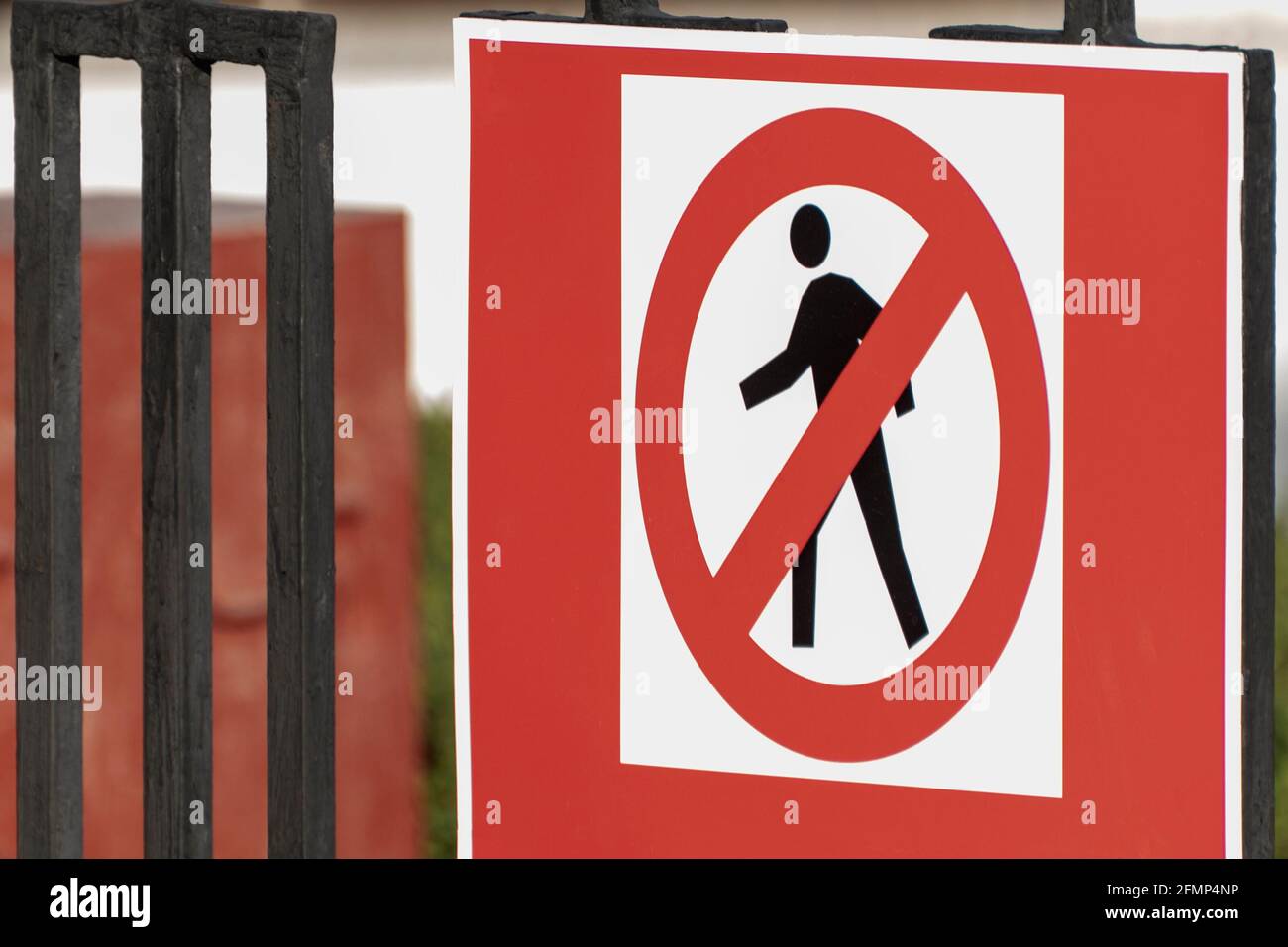 Traffic sign on the fence. No Pedestrians. No entry Stock Photo - Alamy