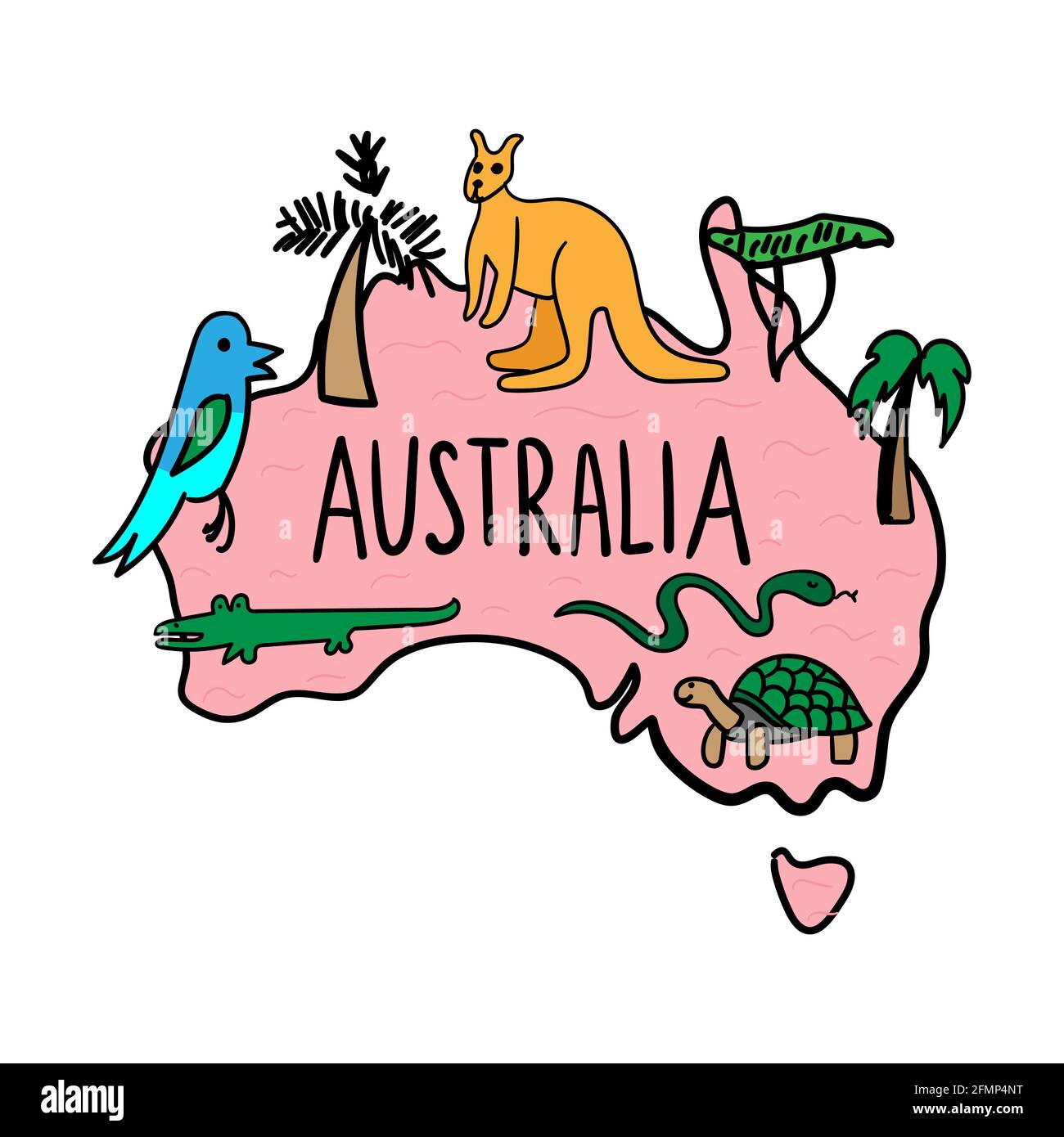 Hand drawn doodle Australia map. National symbols, animals, trees ...