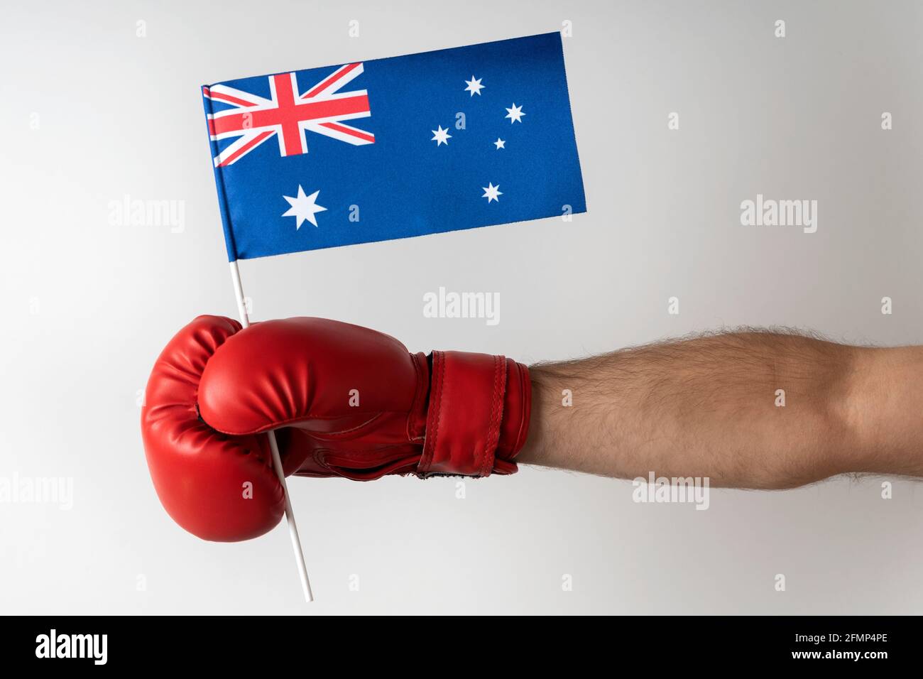 Boxing glove with Australian flag. Boxer holds flag of Australia. White ...