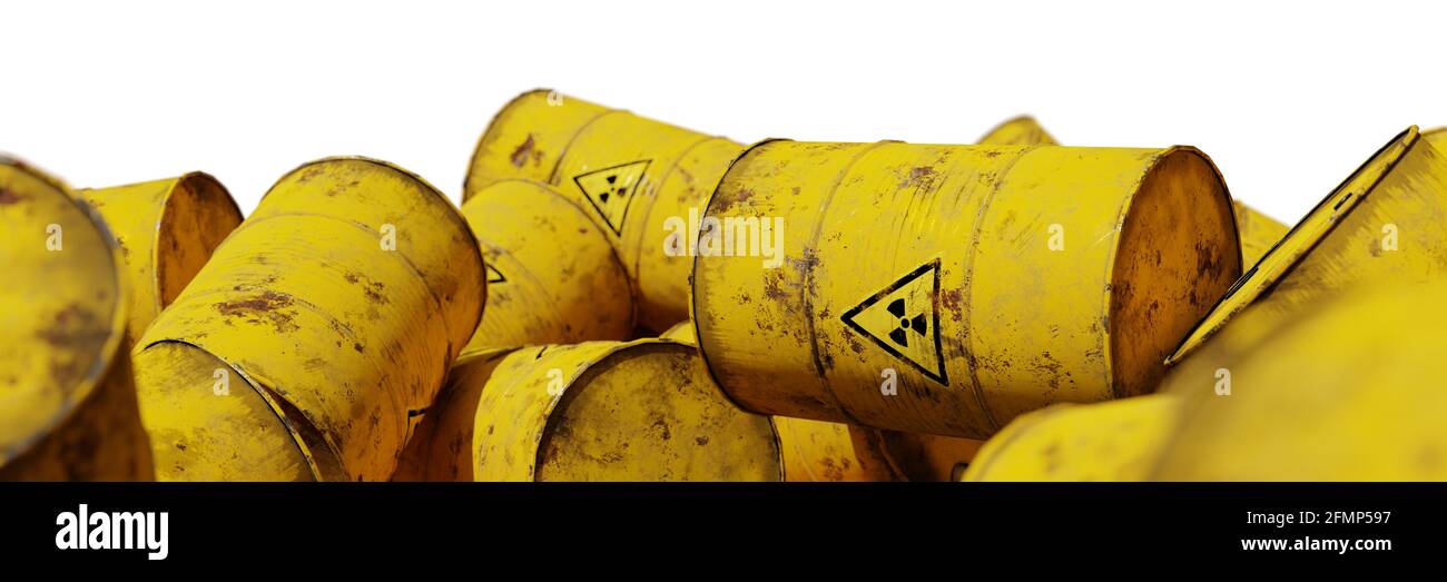 radioactive waste in a pile of barrels, isolated on white background ...