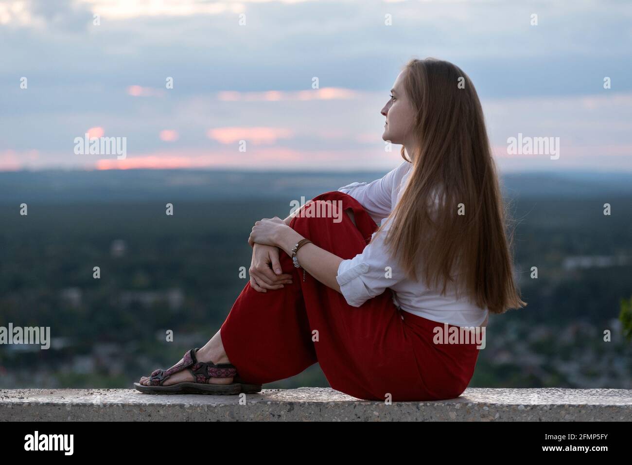 Portrait of a young woman on the side view panoramic platform Stock ...