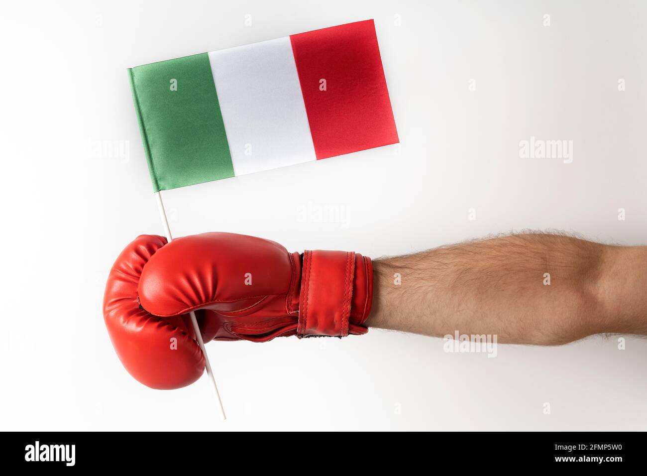 Boxing glove with Italian flag. Boxer holds flag of Italy. White ...