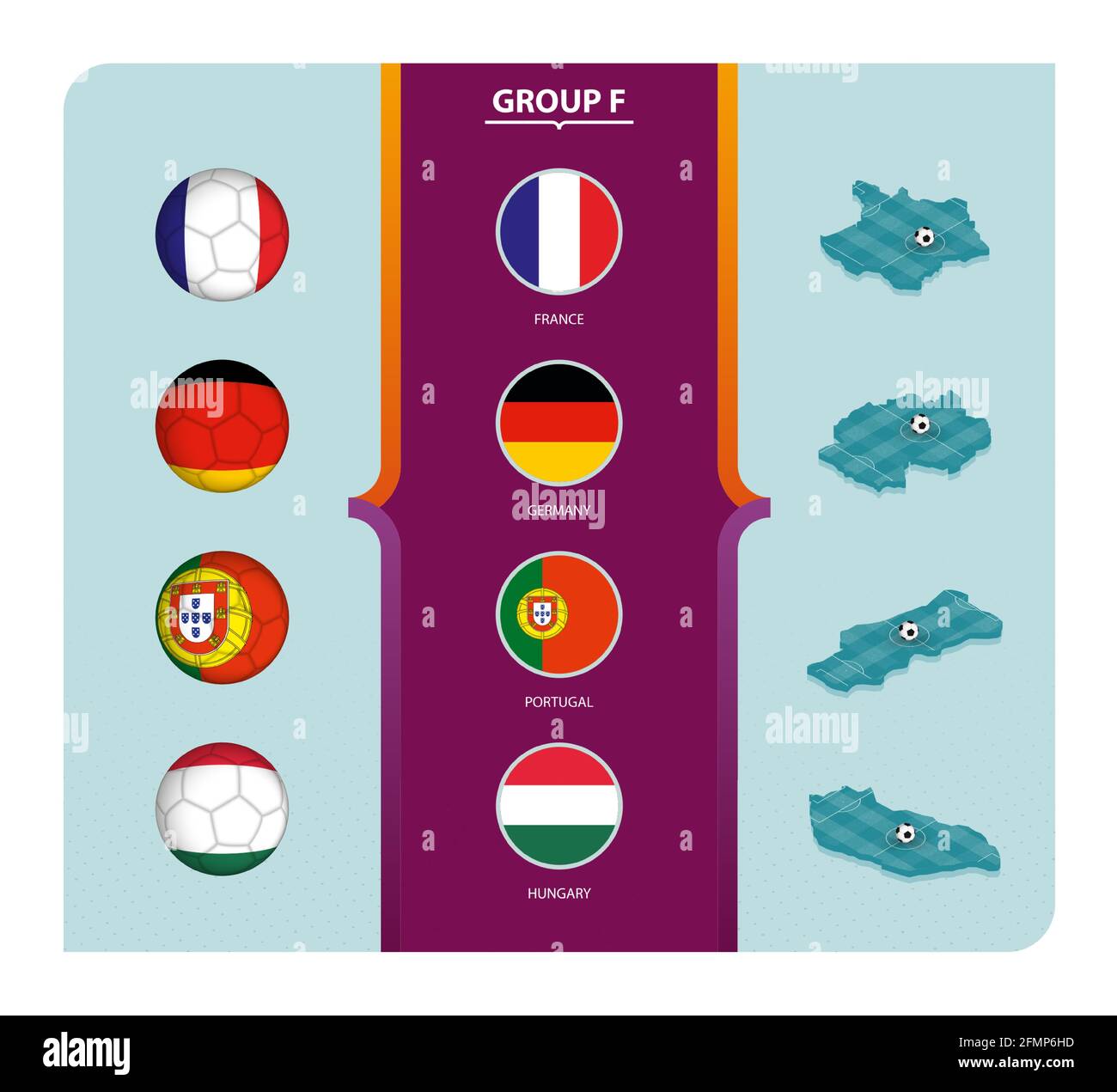 Flags and isometric map with football field of Group F. Vector ...