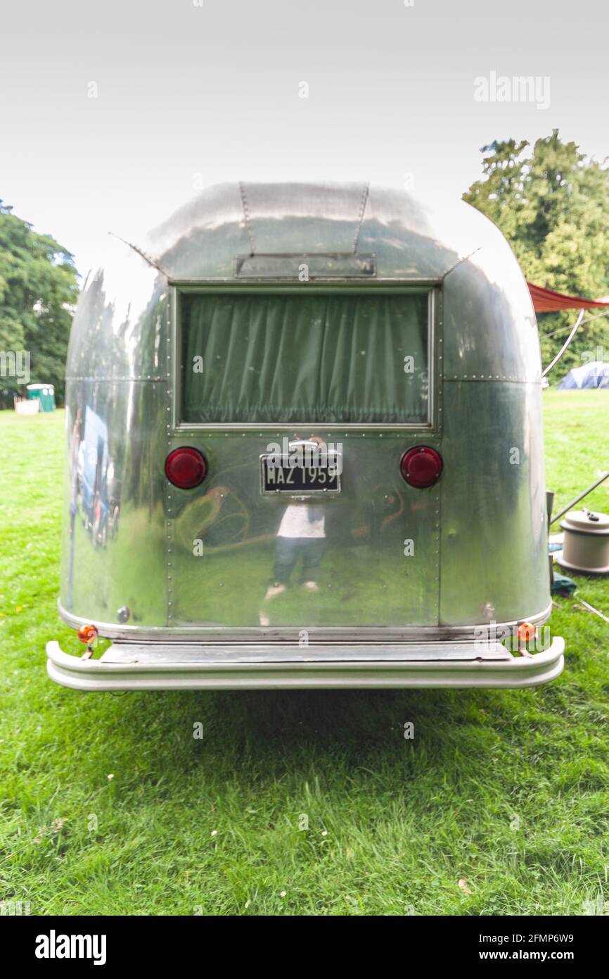 rear view of classic metal Airstream American caravan trailer at Stars ...