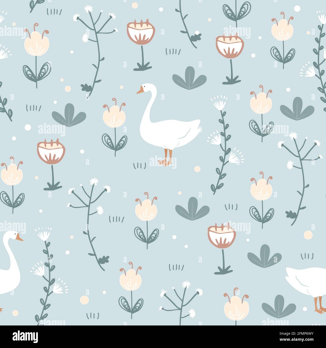 Cute seamless pattern with goose and doodle flowers. Vector ...