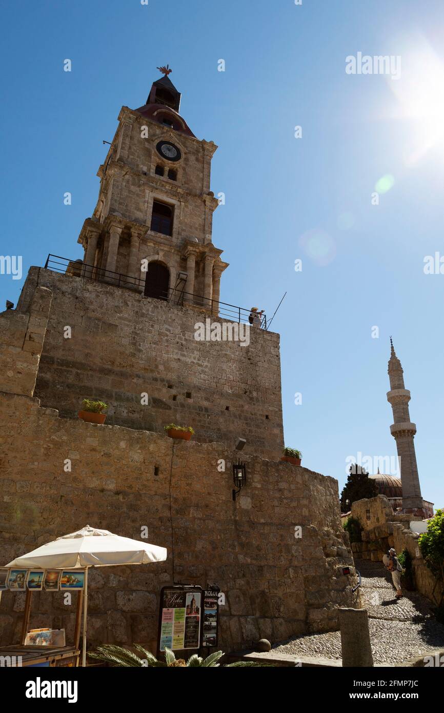 Sunlight by the Roloi clock tower in Rhodes Town, Greece. The medieval ...