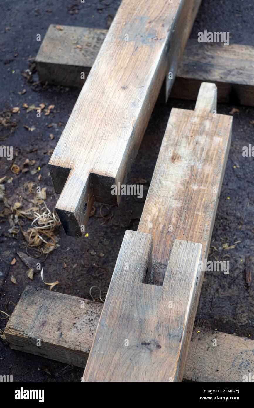 Large handcarved wooden joint in timber frame construction Stock Photo ...