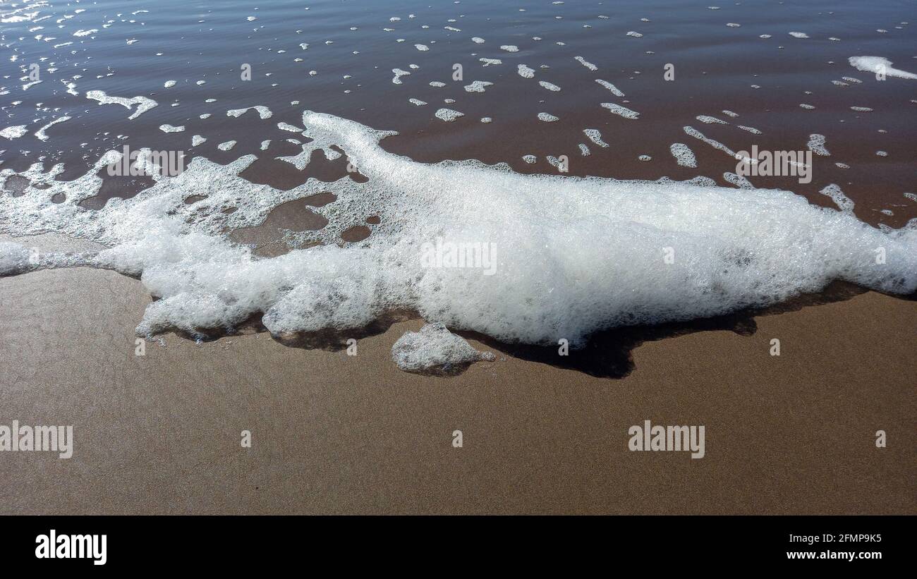 Sea foam bubbles from a wave. Beach wet sand texture. Concept summer ...