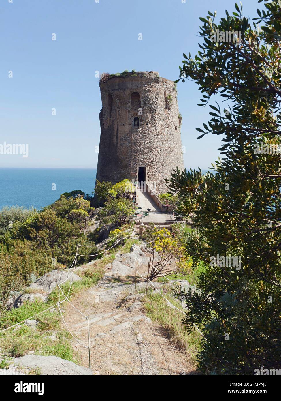 An ancient watchtower on the Mediterranean Sea. Praiano, Amalfi Coast ...