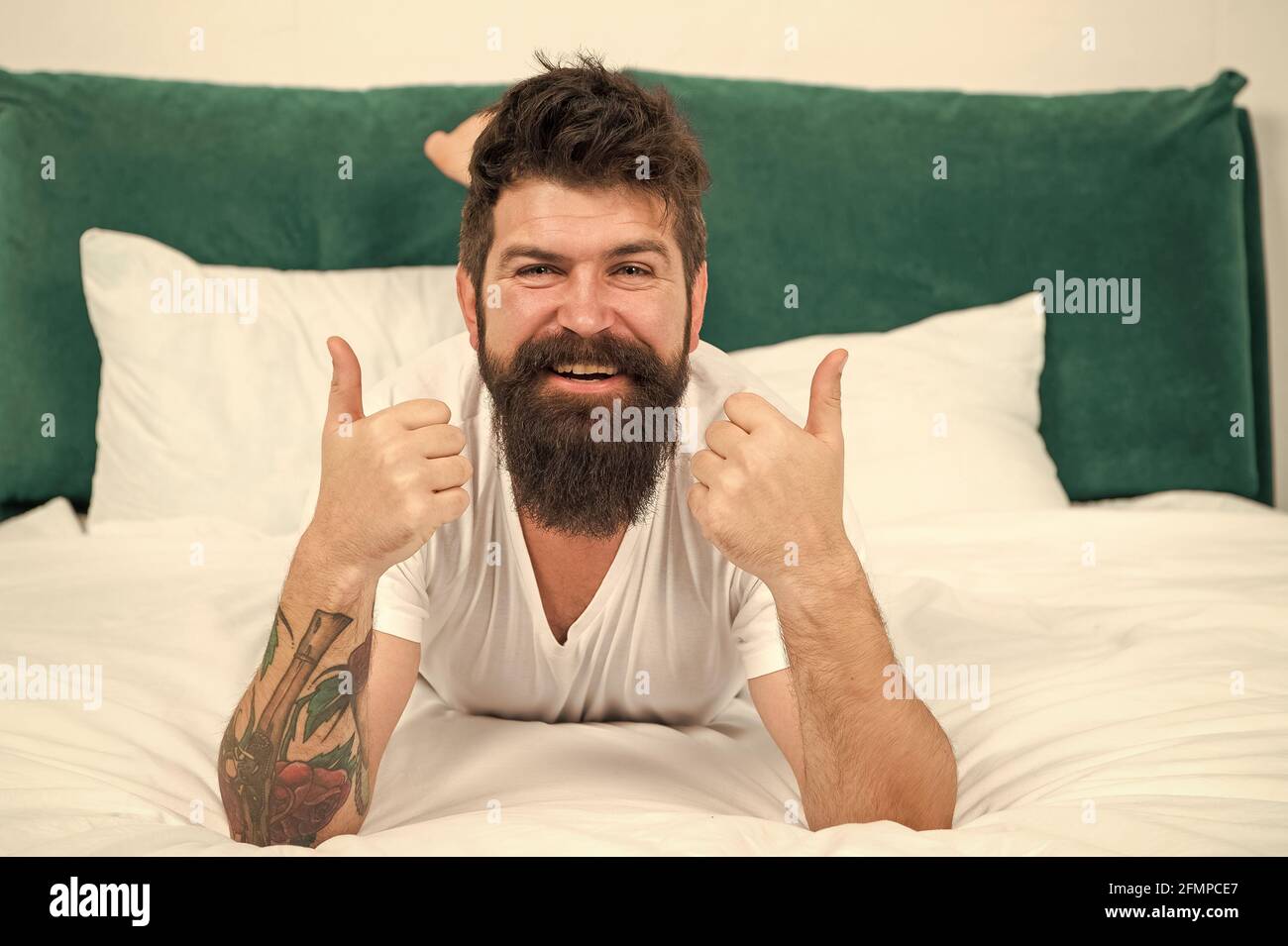 Mornings Are For Fresh Starts Happy Man Give Thumbs Ups Hands Bearded