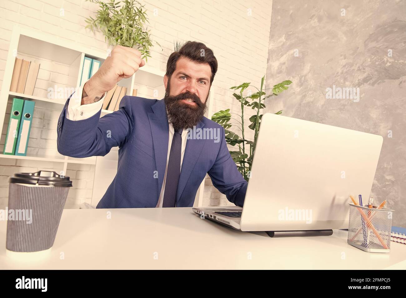 Dealing with anger at work. Bearded man feel anger at work. Businessman ...