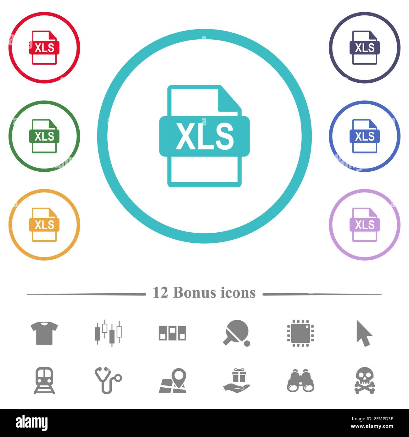 XLS file format flat color icons in circle shape outlines. 12 bonus ...