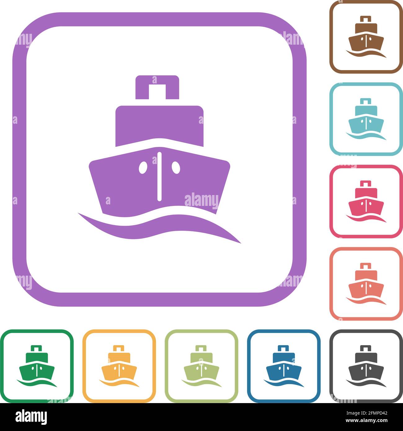 Cruise ship simple icons in color rounded square frames on white ...