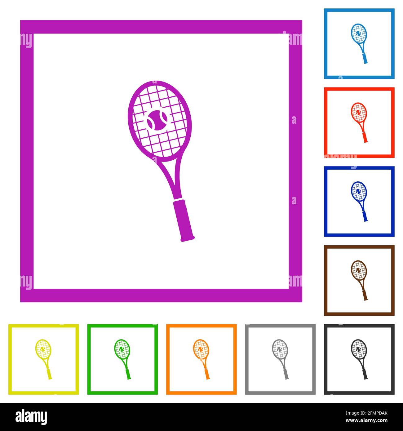 Tennis racket with ball flat color icons in square frames on white ...