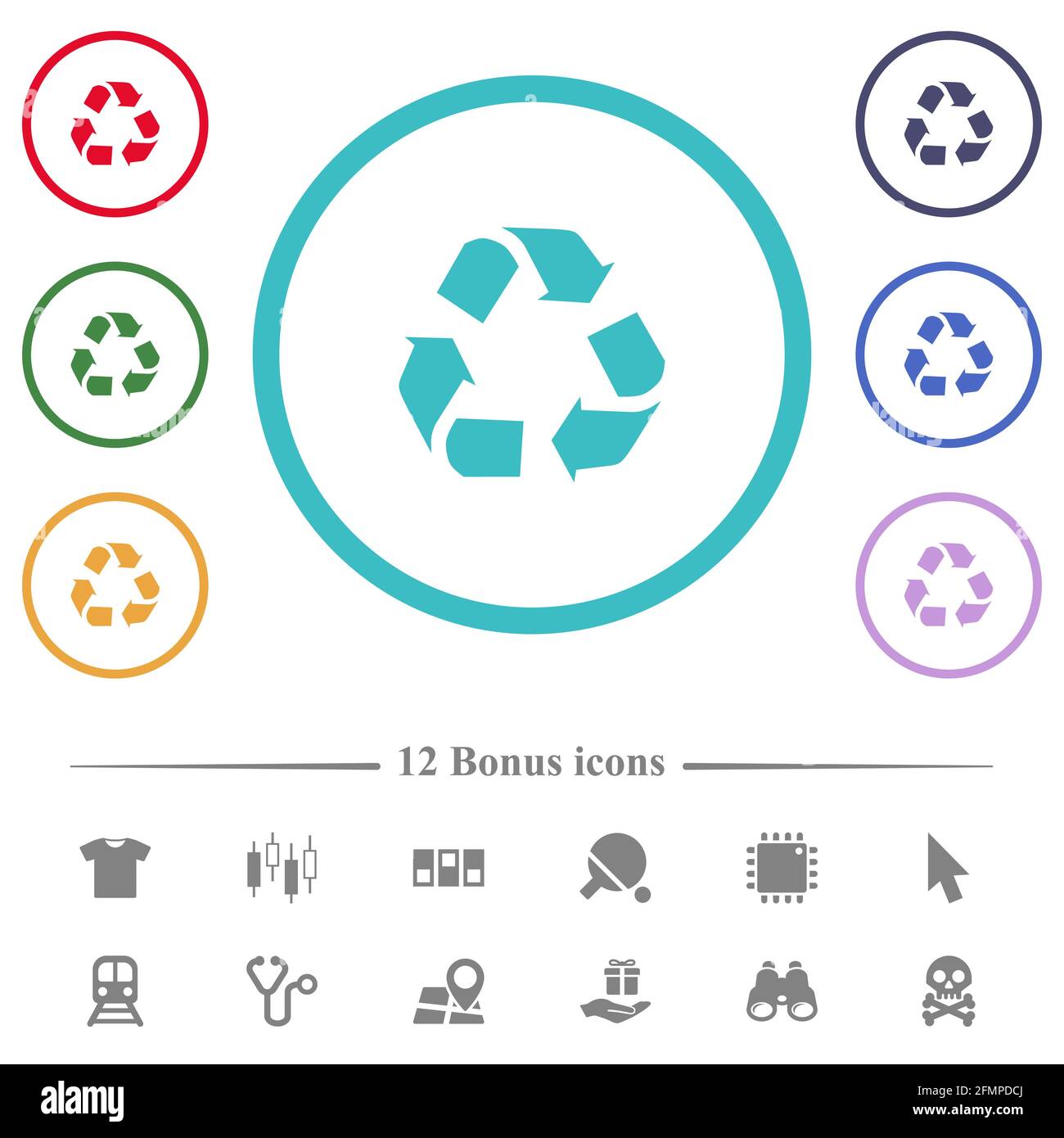 Recycling flat color icons in circle shape outlines. 12 bonus icons ...
