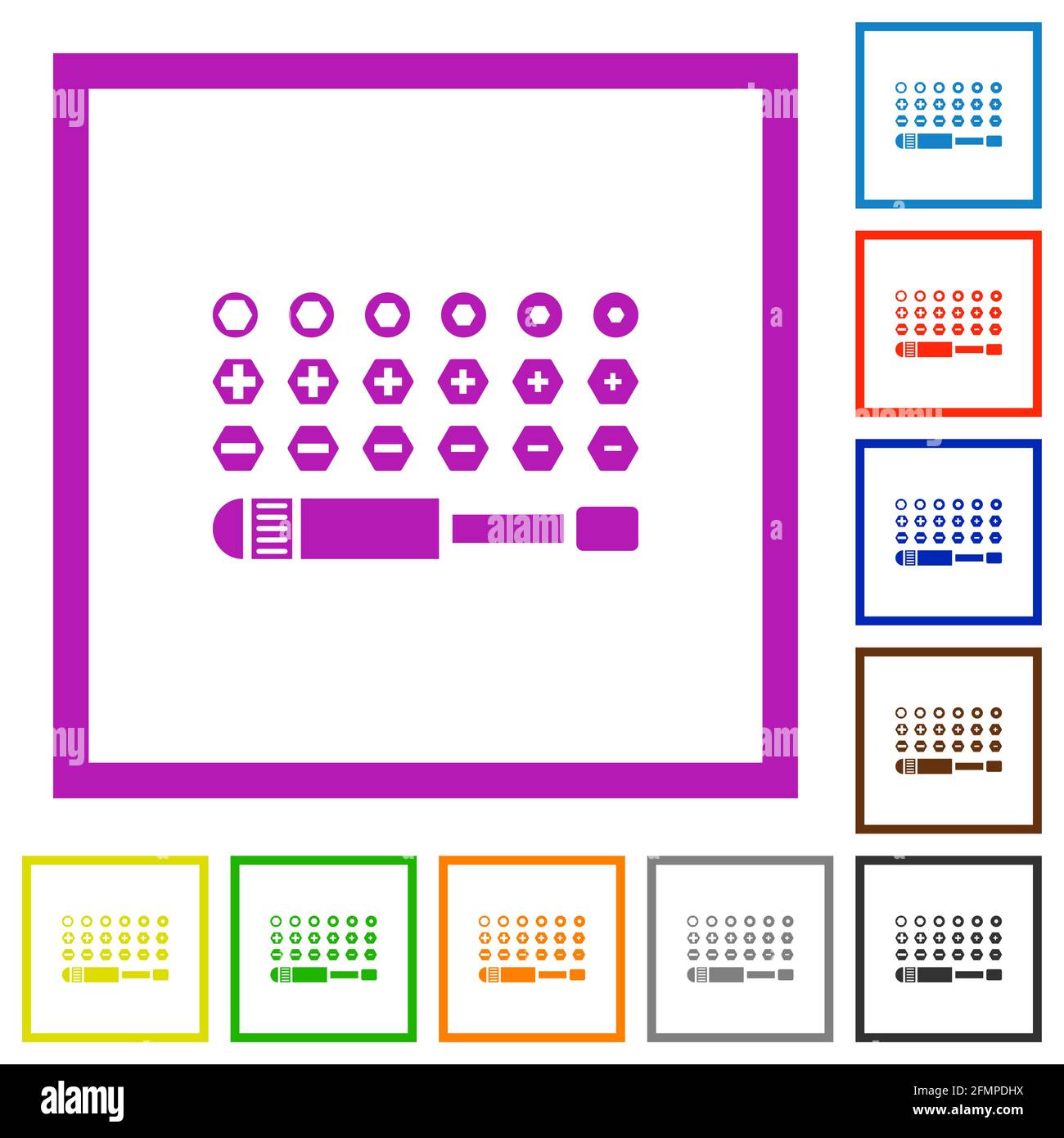 Set of screwdriver bits flat color icons in square frames on white ...