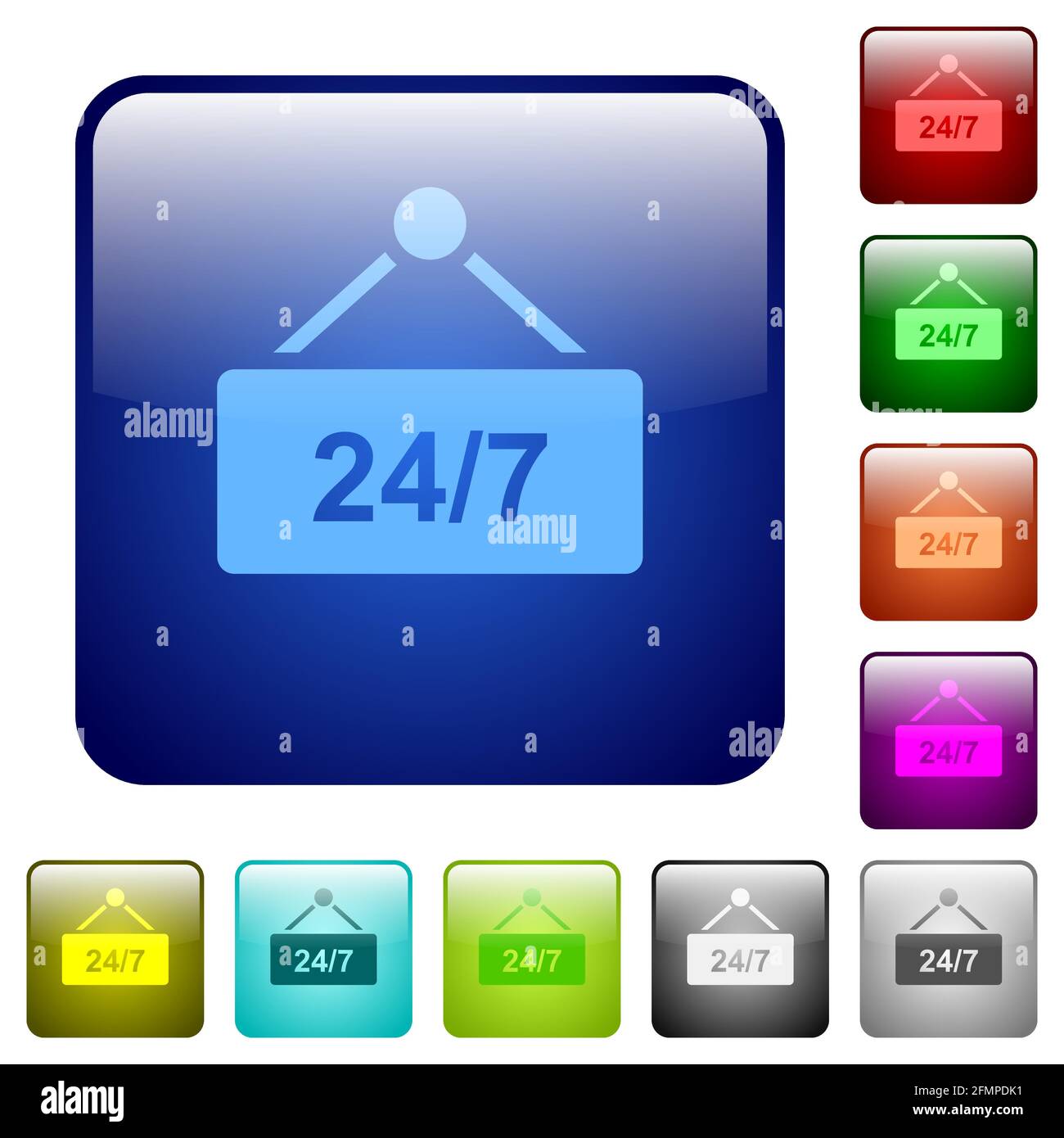 hanging table with 24h seven days a week icons in rounded square color ...