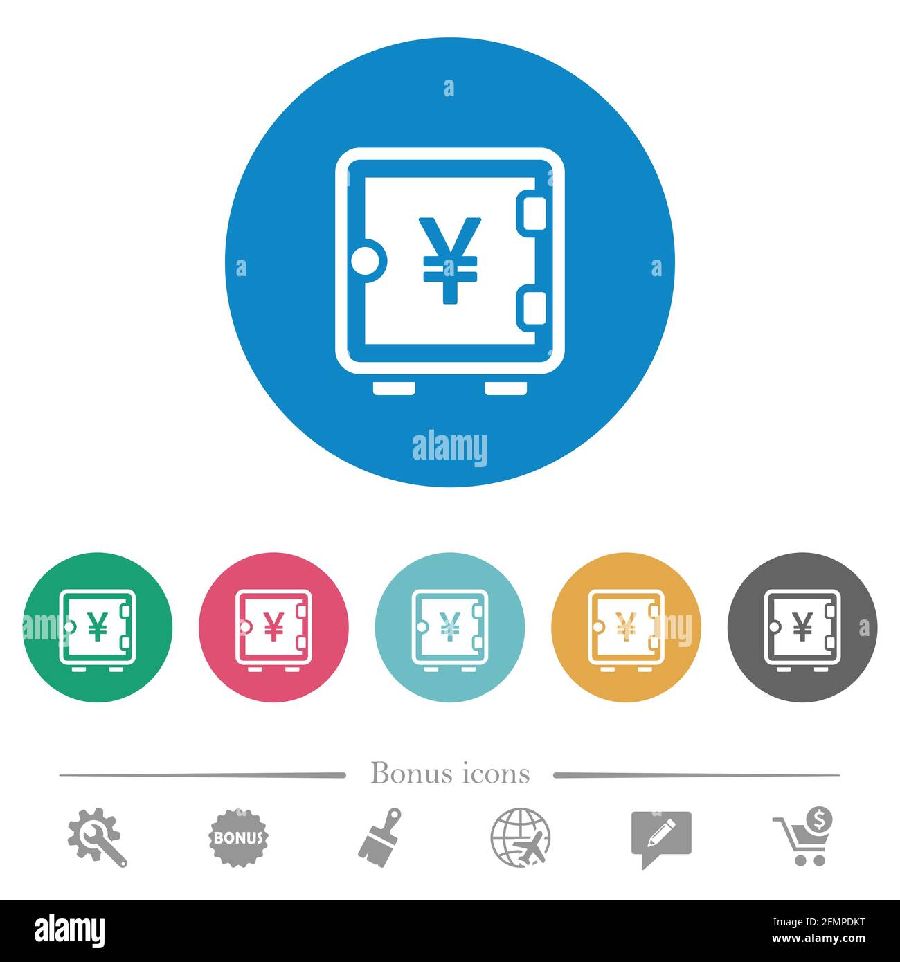 Yen strong box flat white icons on round color backgrounds. 6 bonus ...