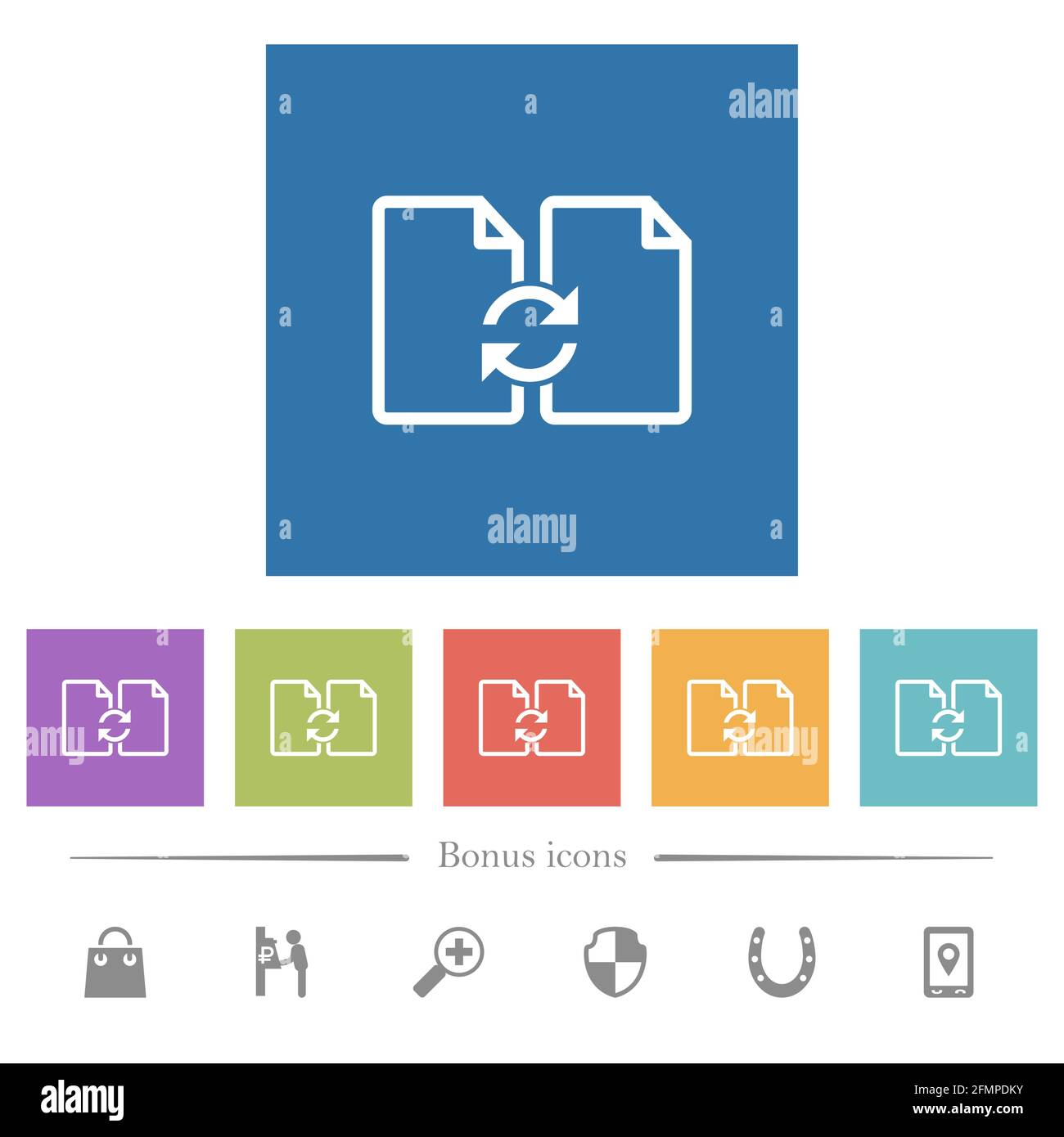 Swap documents flat white icons in square backgrounds. 6 bonus icons ...