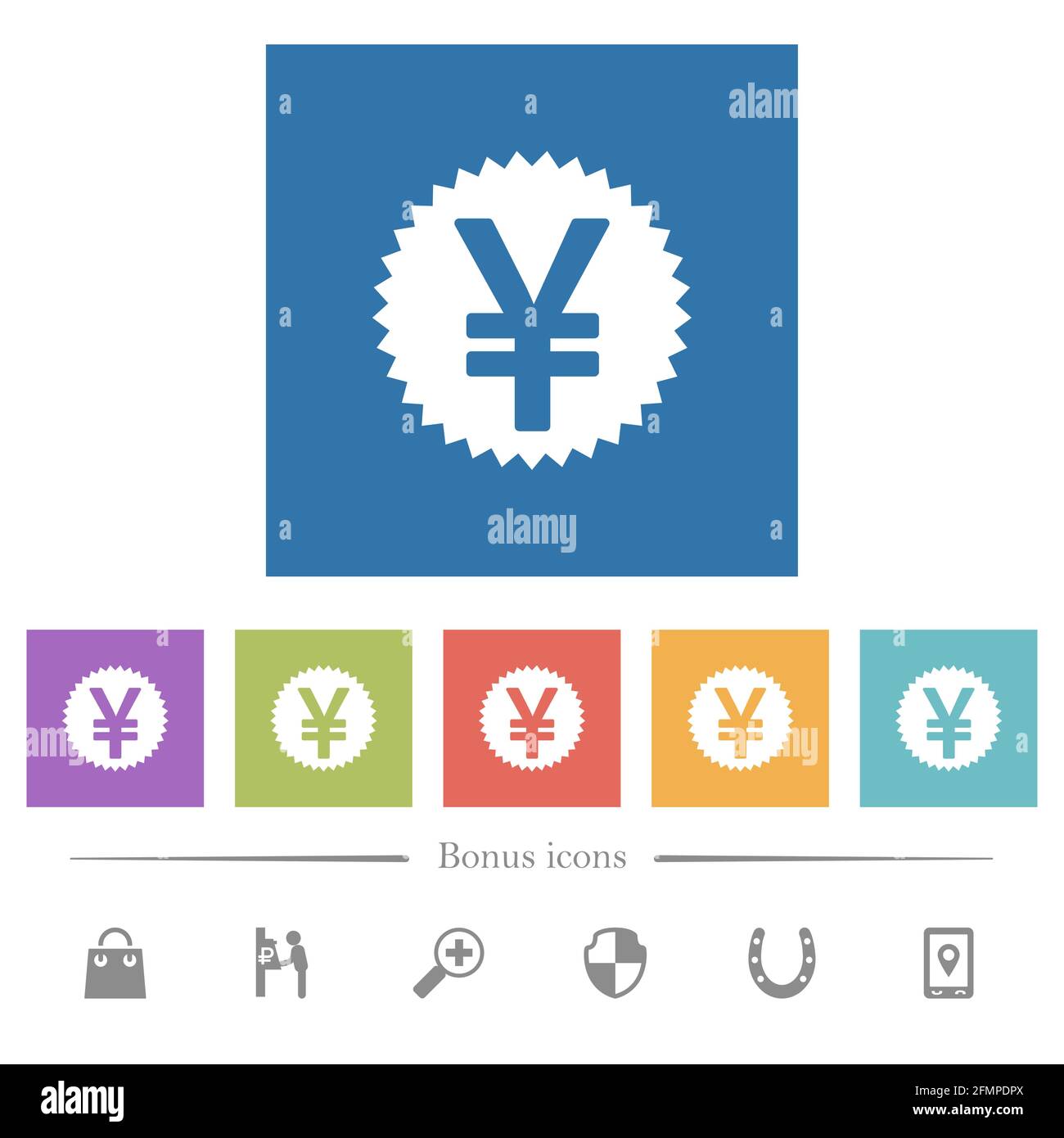 Yen sticker flat white icons in square backgrounds. 6 bonus icons ...