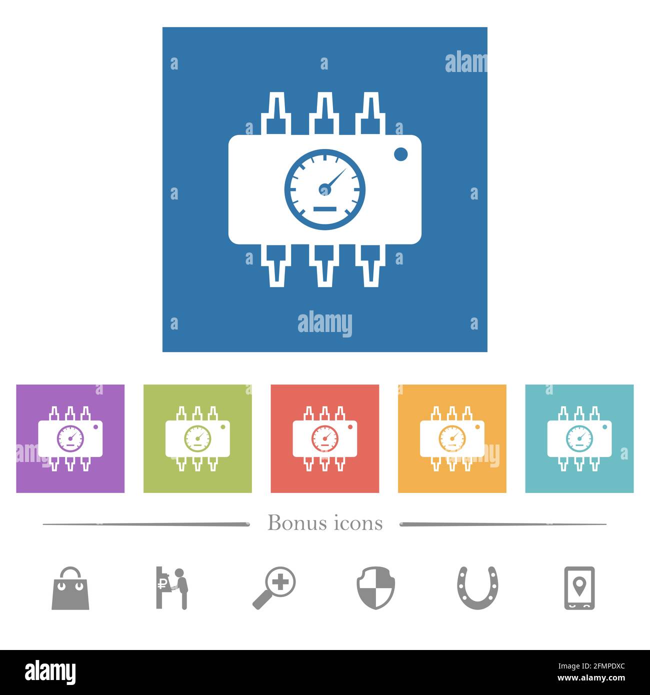 Hardware diagnostics flat white icons in square backgrounds. 6 bonus ...