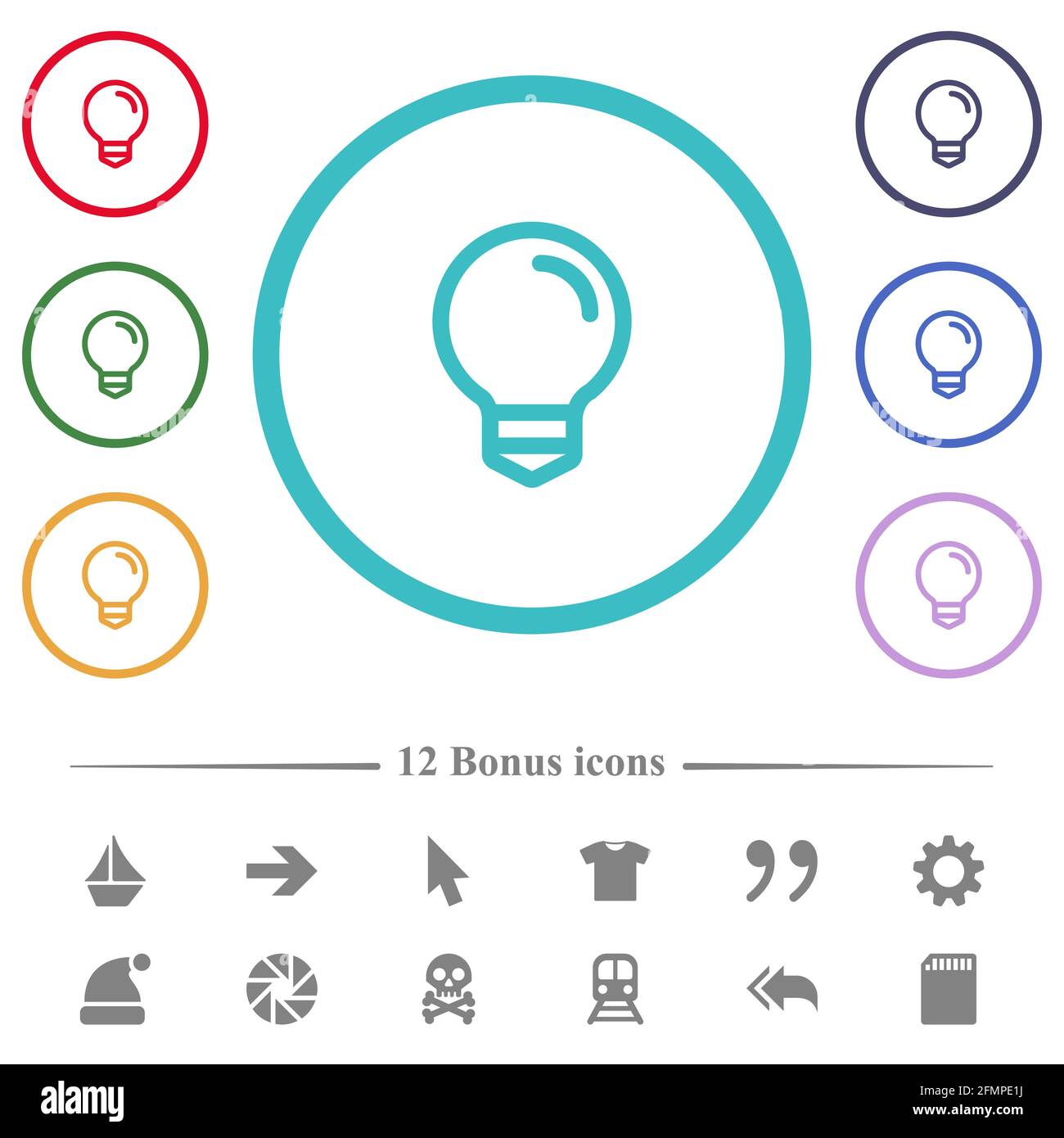 Light bulb flat color icons in circle shape outlines. 12 bonus icons ...