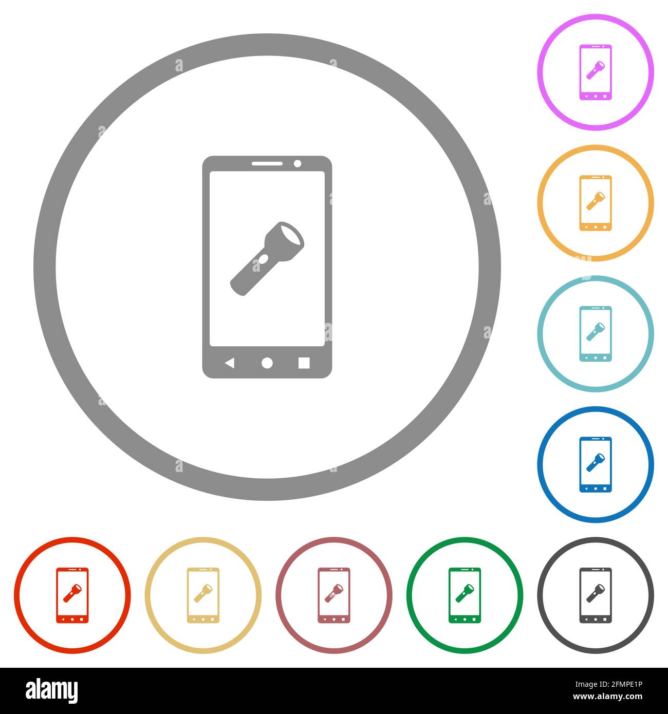 Mobile flashlight flat color icons in round outlines on white ...