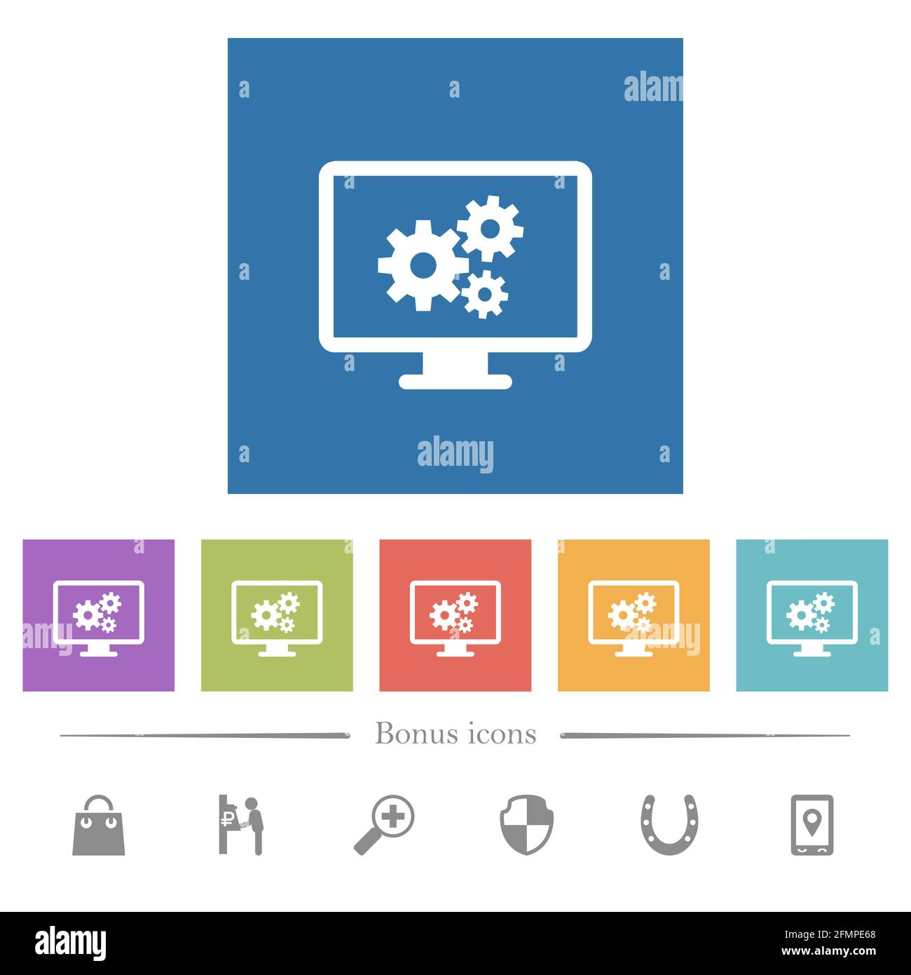 Screen settings flat white icons in square backgrounds. 6 bonus icons ...