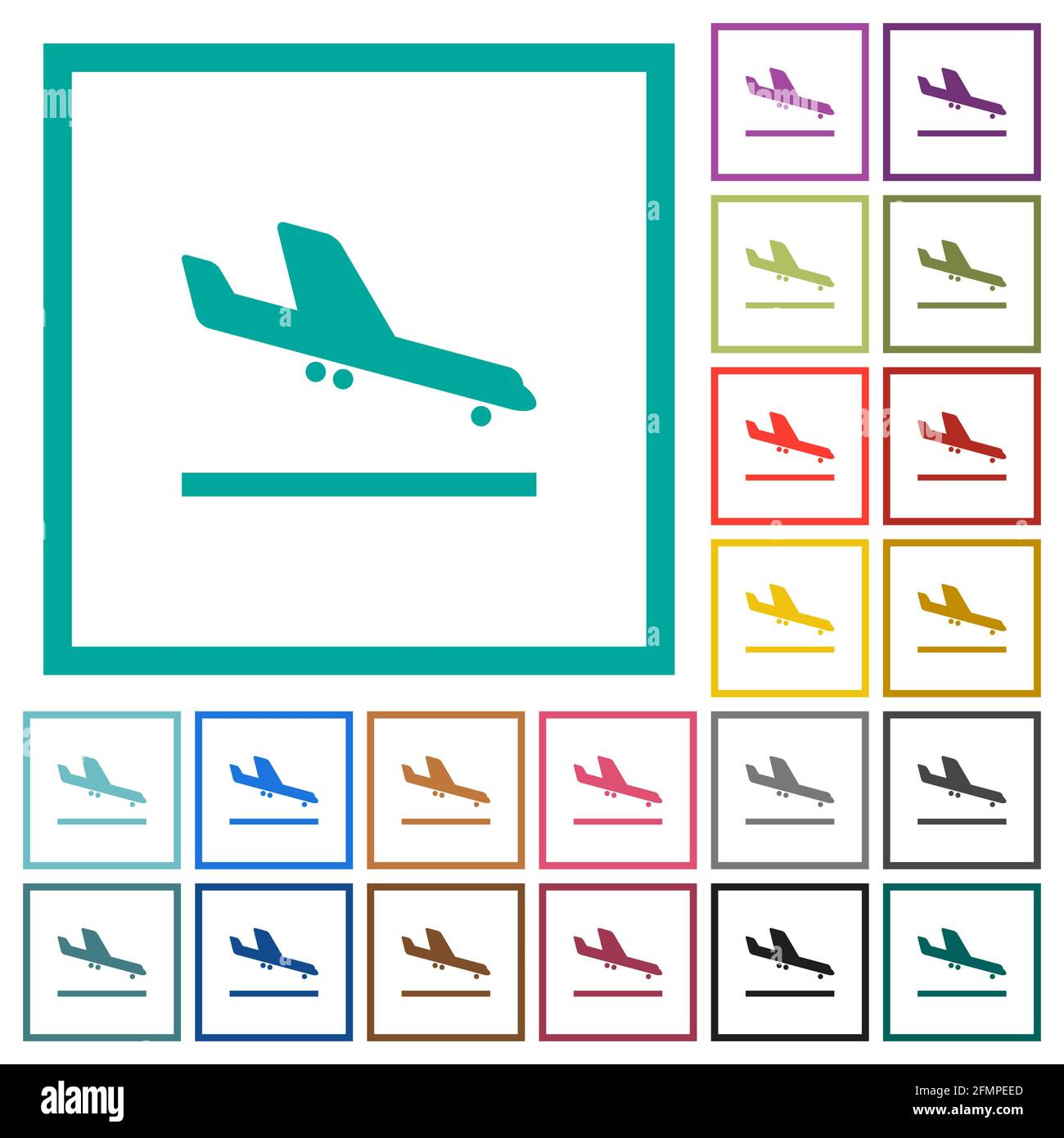 Airplane landing flat color icons with quadrant frames on white ...