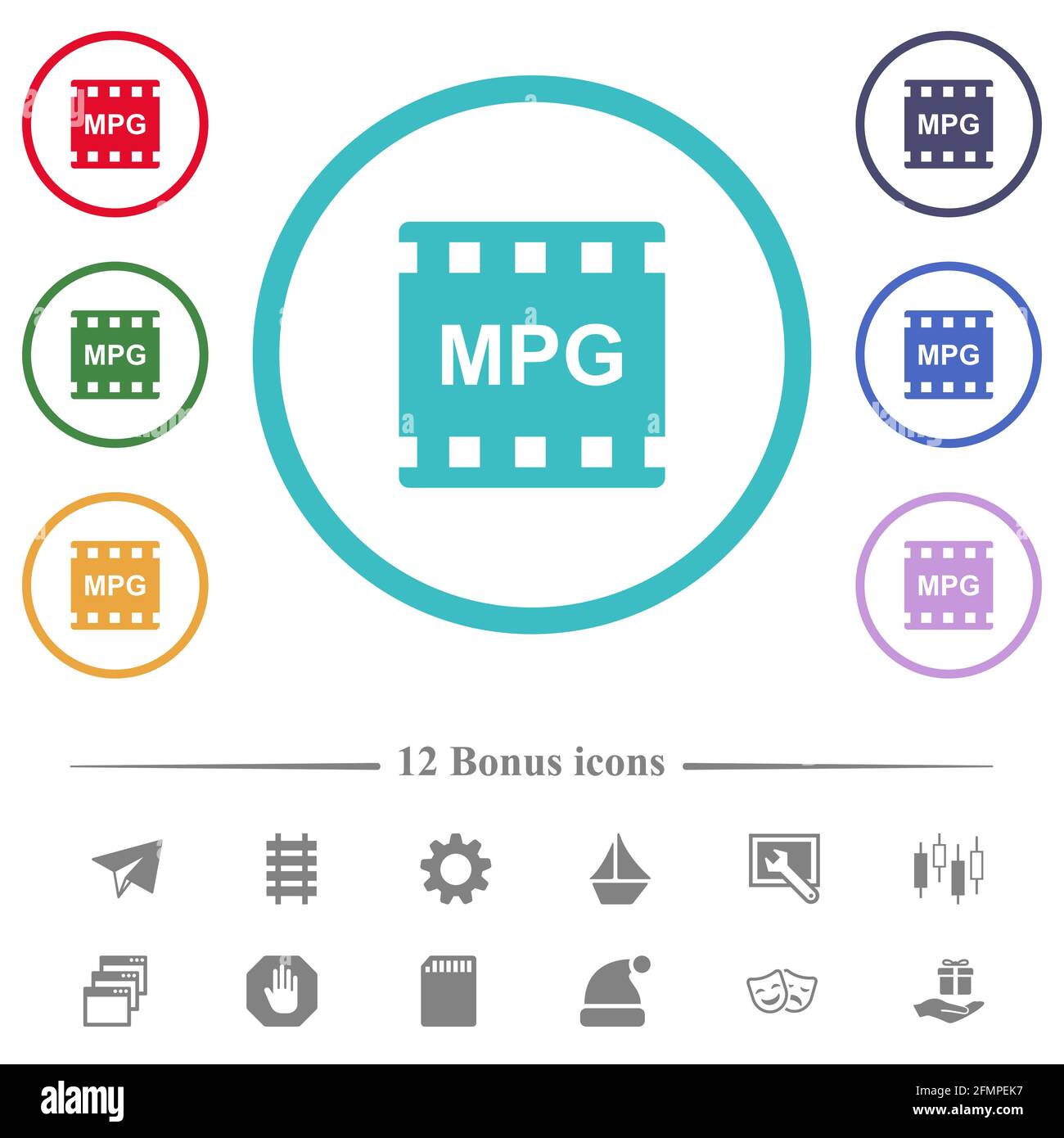 MPG movie format flat color icons in circle shape outlines. 12 bonus ...