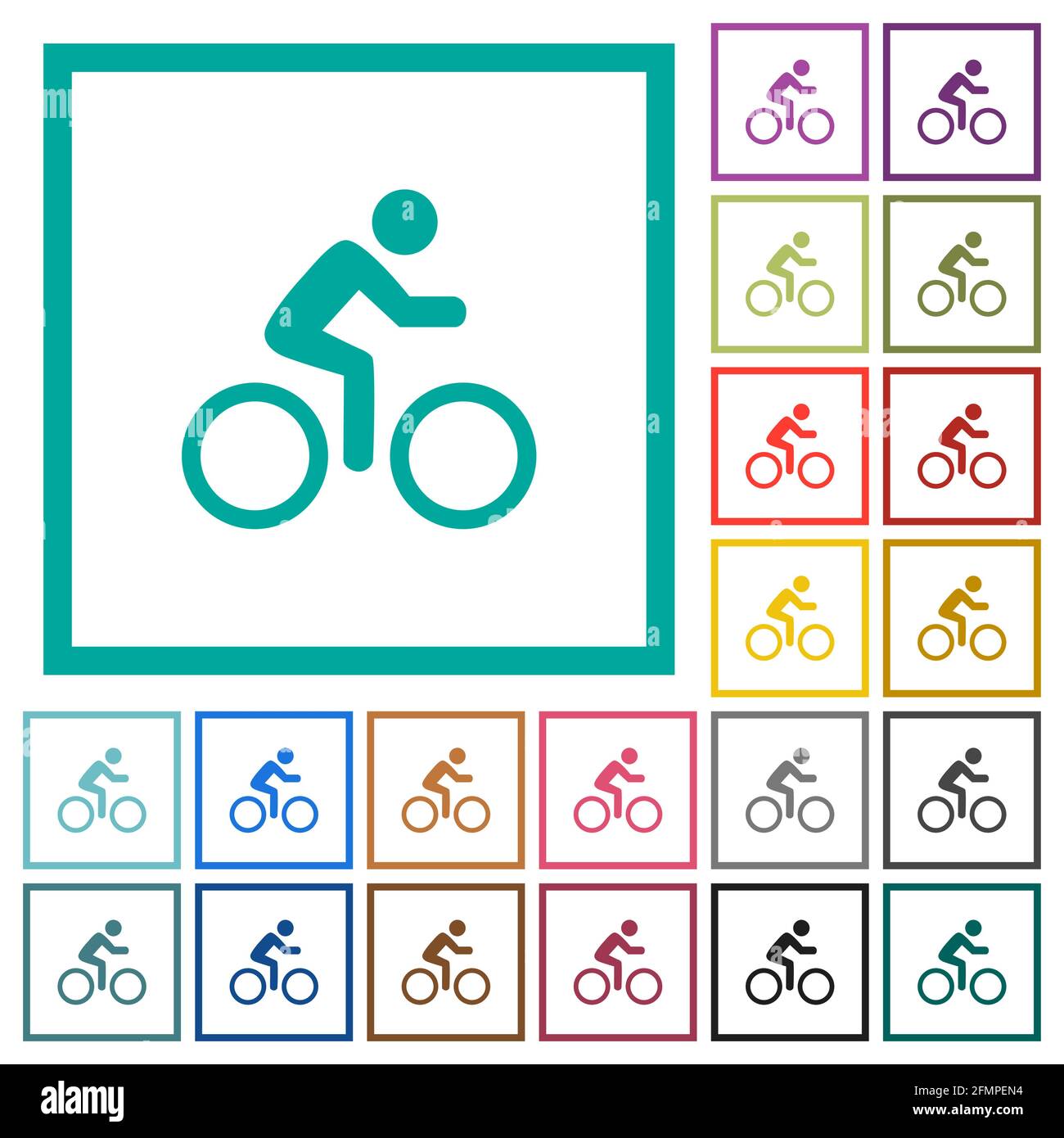 Bicycle with rider flat color icons with quadrant frames on white ...