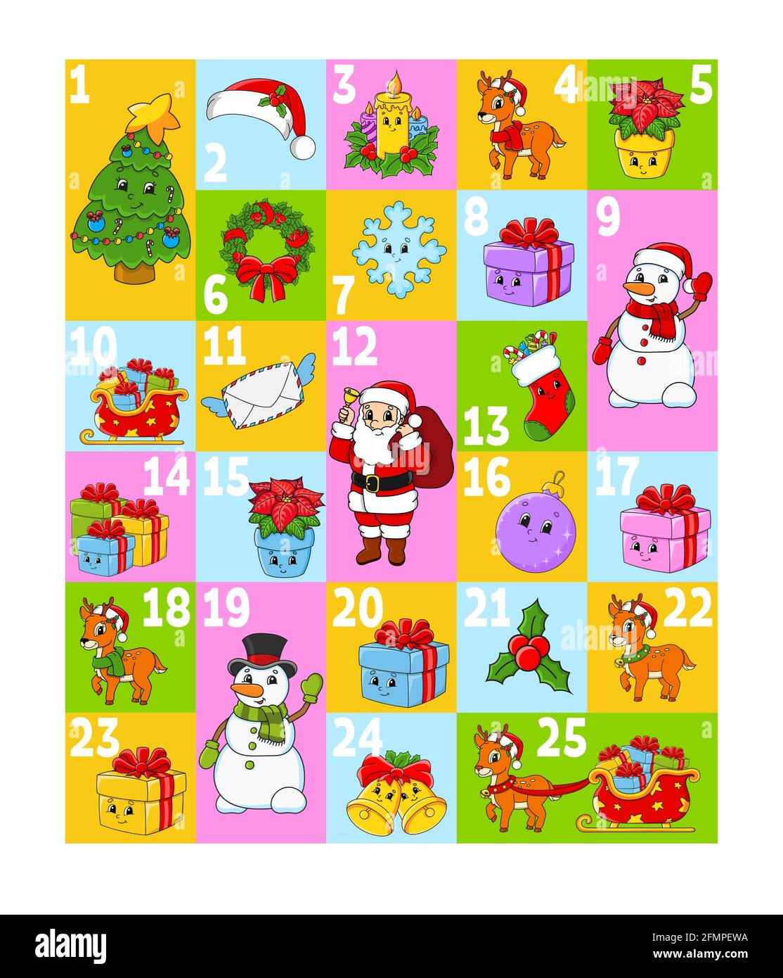 Christmas advent calendar with cute characters. Santa claus, deer ...