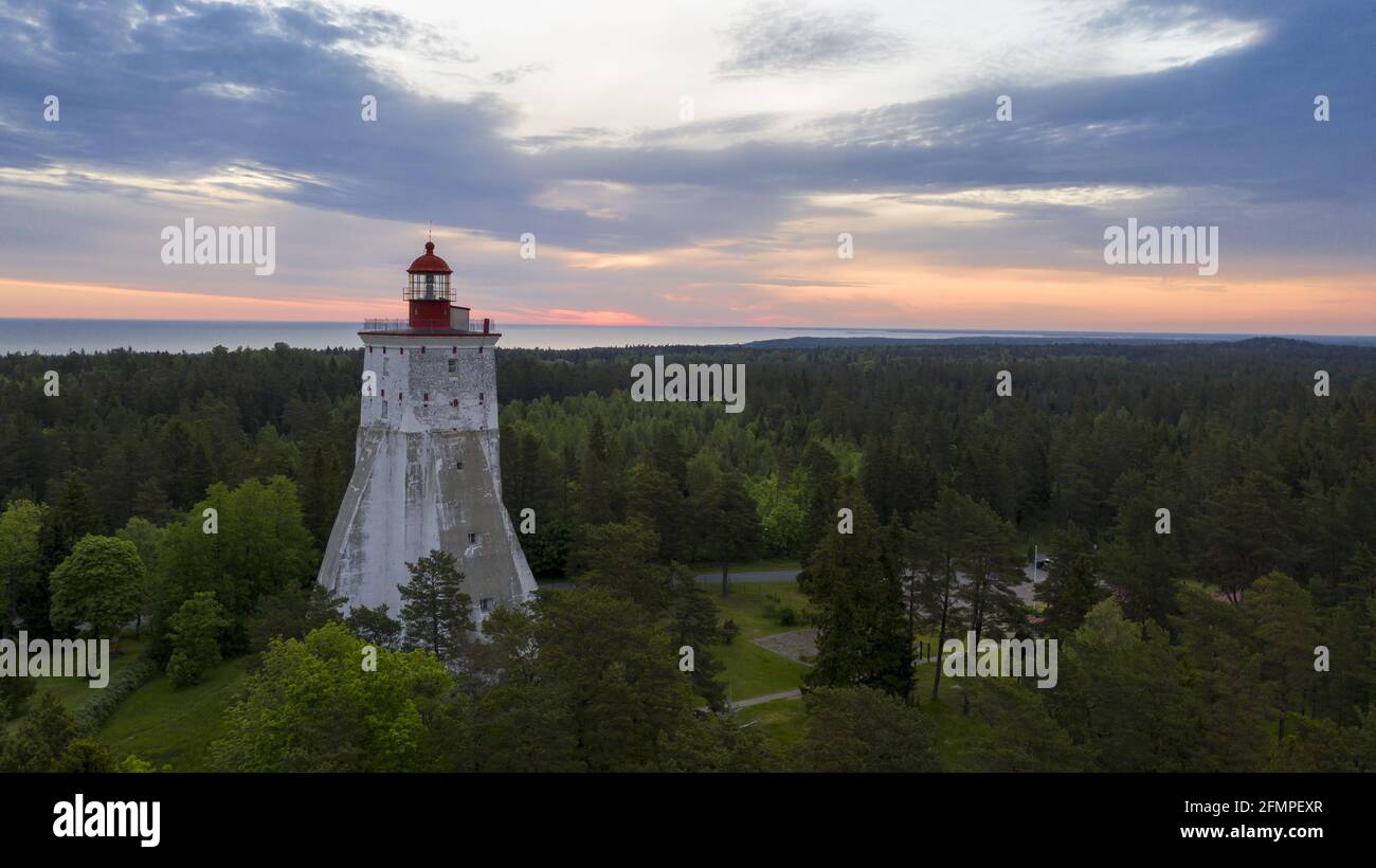 Stunning sunset view over the Kopu Lighthouse in the green scenic area ...