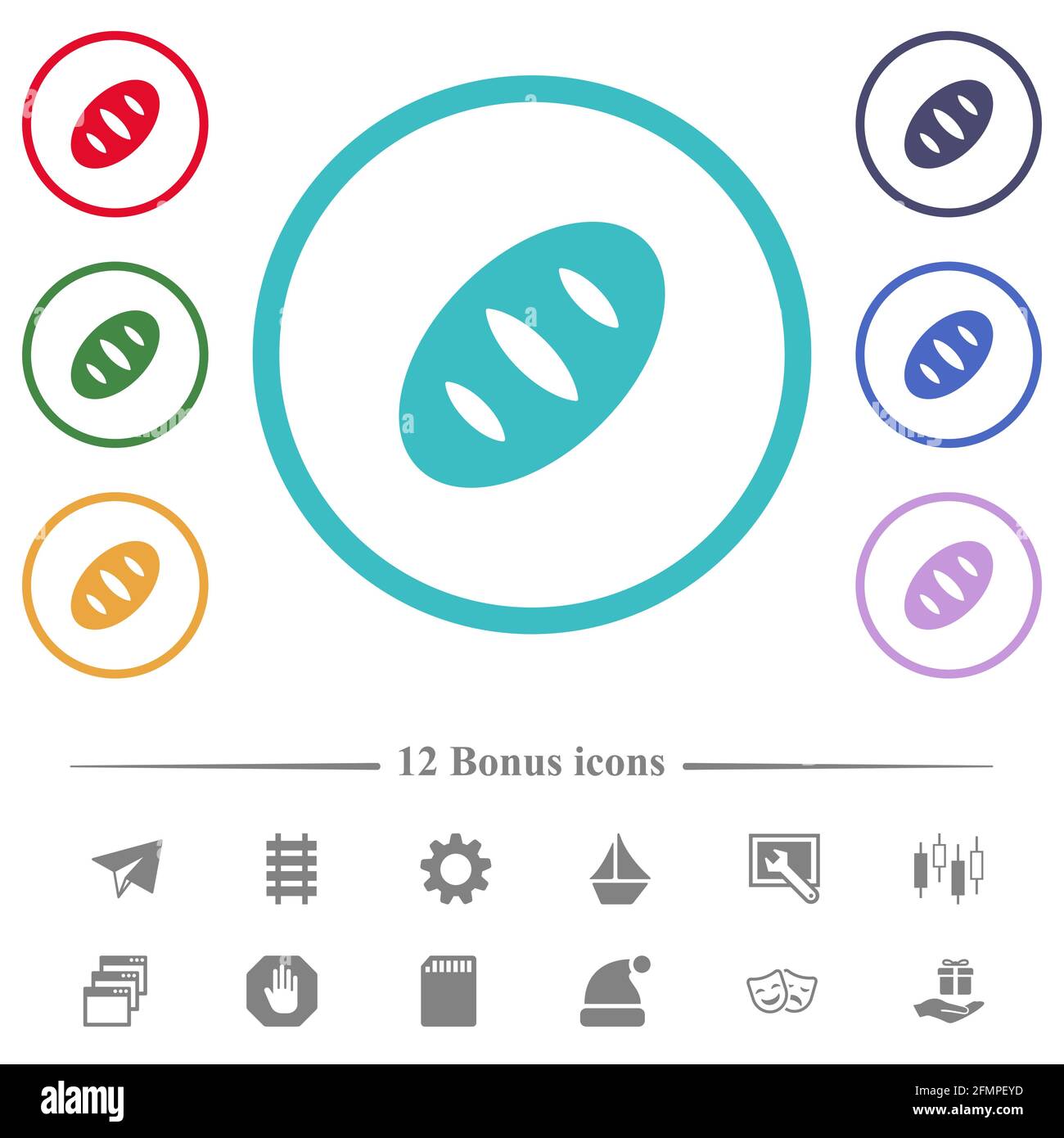 Bread flat color icons in circle shape outlines. 12 bonus icons ...