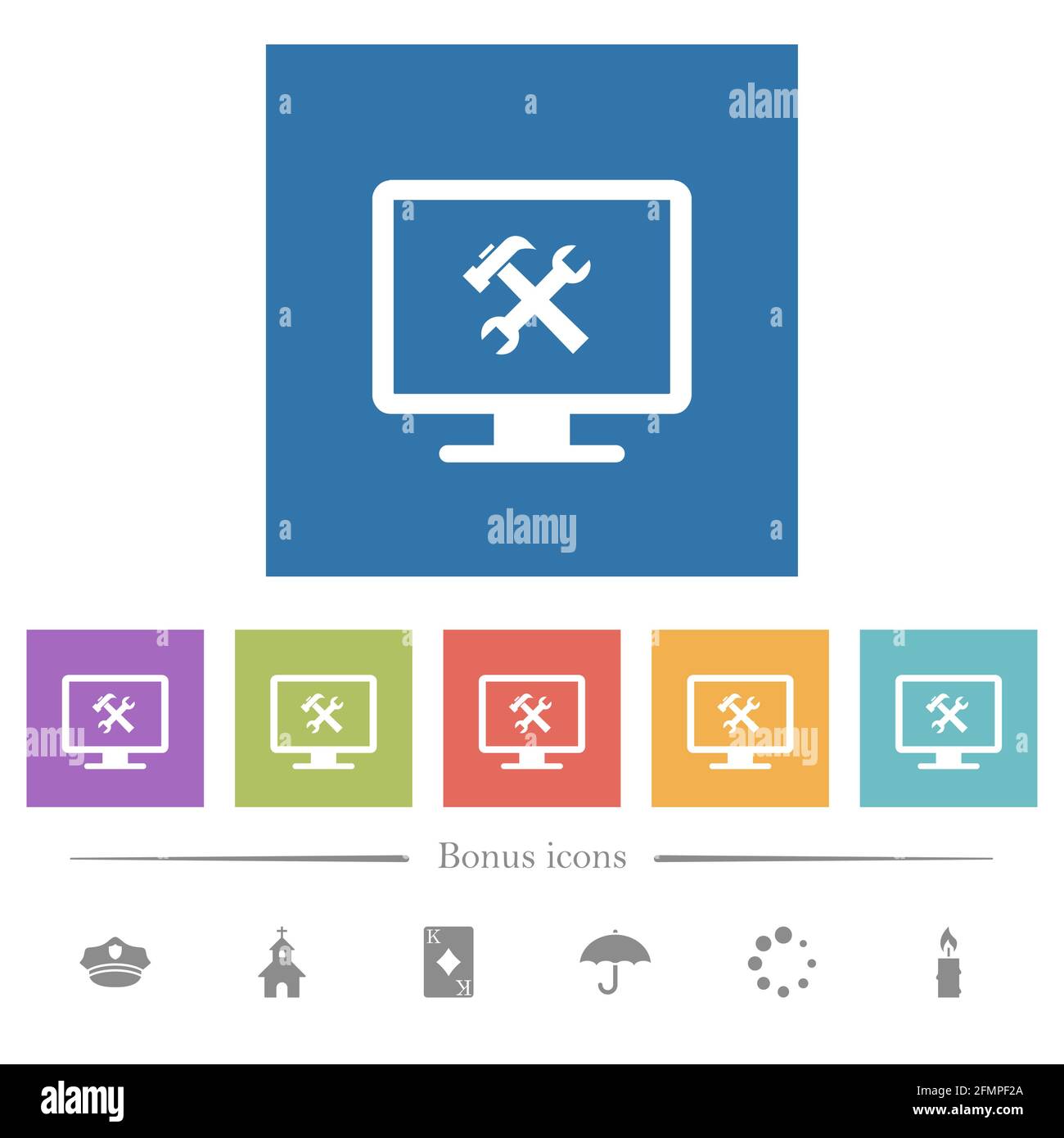 Desktop tools flat white icons in square backgrounds. 6 bonus icons ...