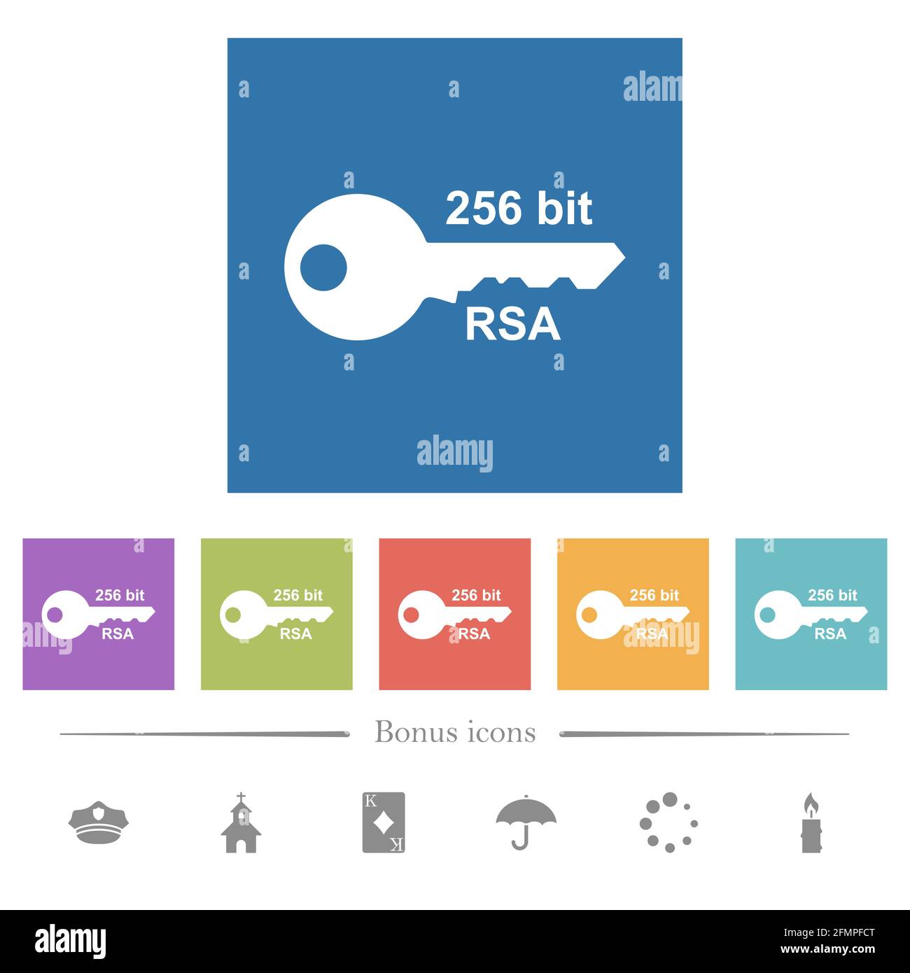 256 bit rsa encryption flat white icons in square backgrounds. 6 bonus ...
