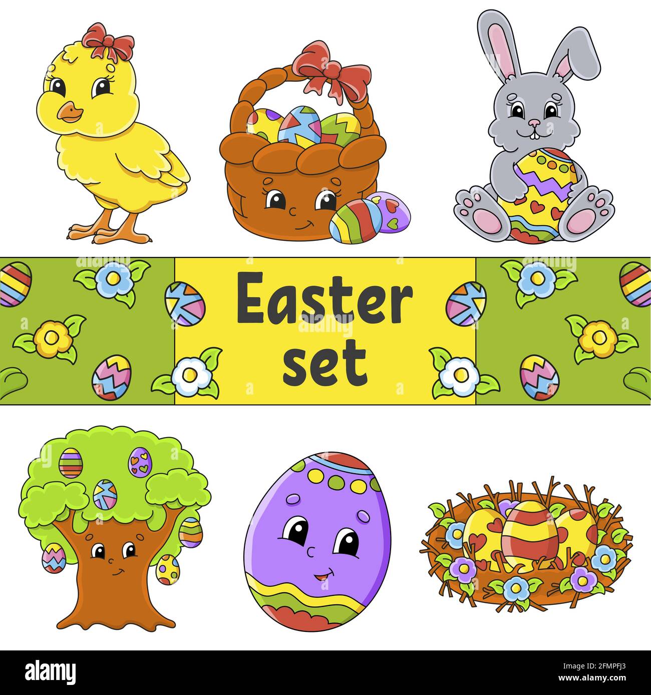 Set of cute cartoon characters. Easter clipart. Hand drawn. Colorful ...